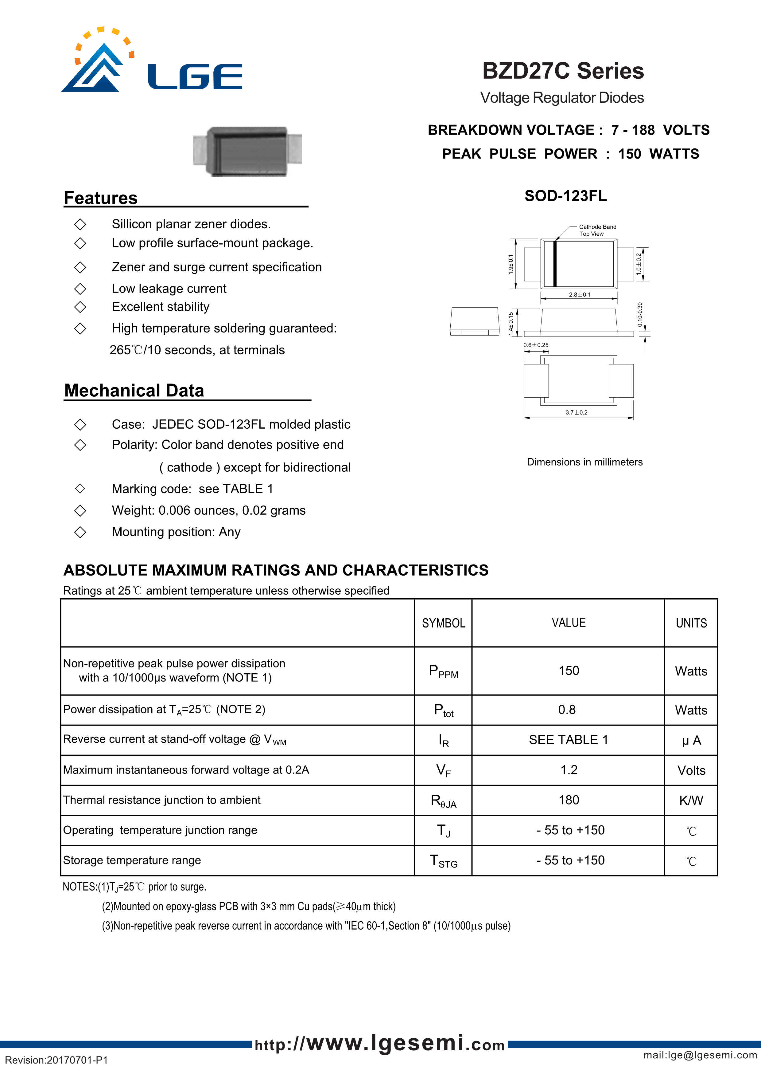BZD27C36P数据手册SOD-123FL封装LGE(鲁光)PDF规格书，中英文下载 - 规格书 - 芯片模块网 - 让芯片更简单！