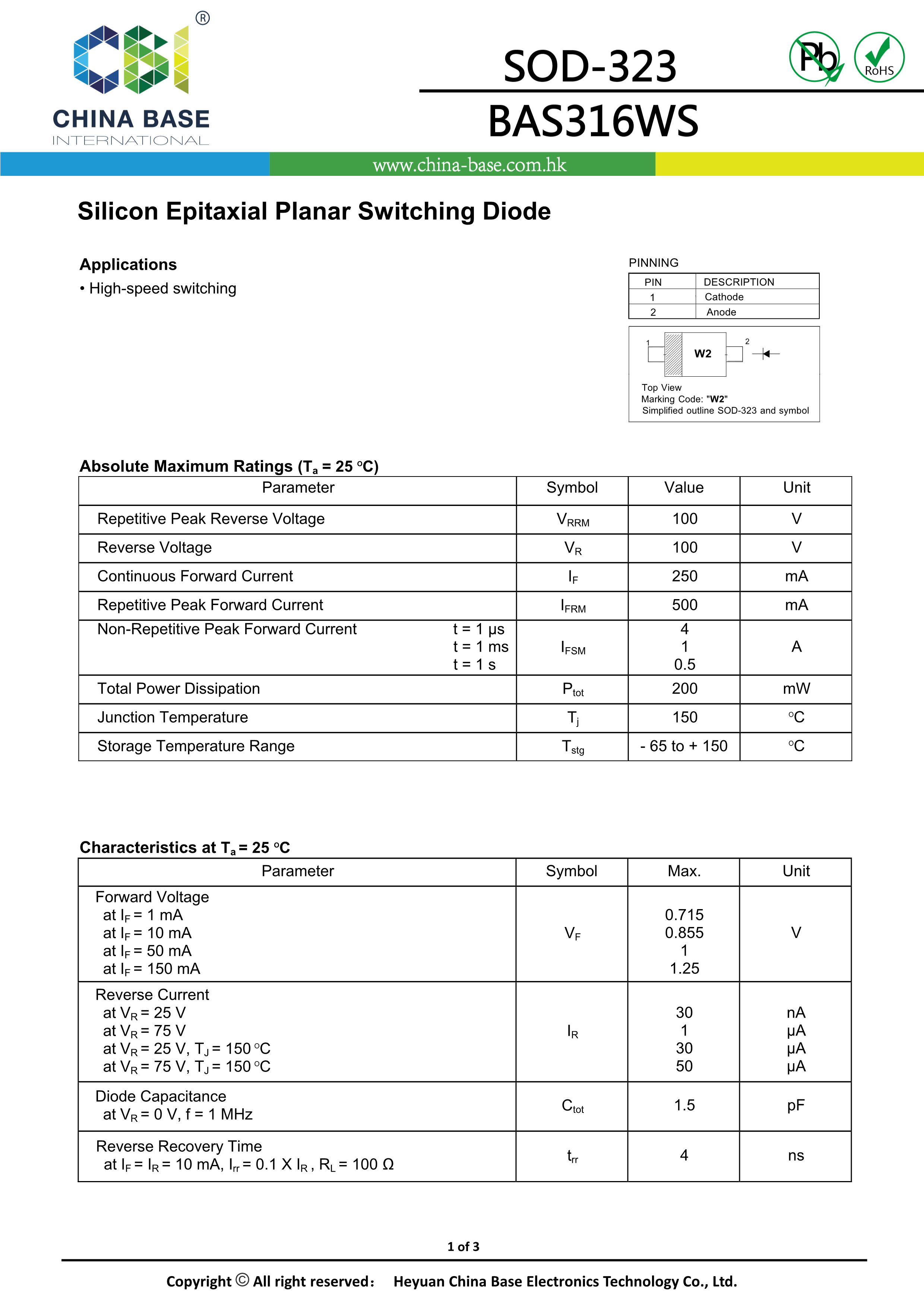 BAS316WS W2数据手册SOD-323封装CBI(创基)PDF规格书，中英文下载 - 规格书 - 芯片模块网 - 让芯片更简单！
