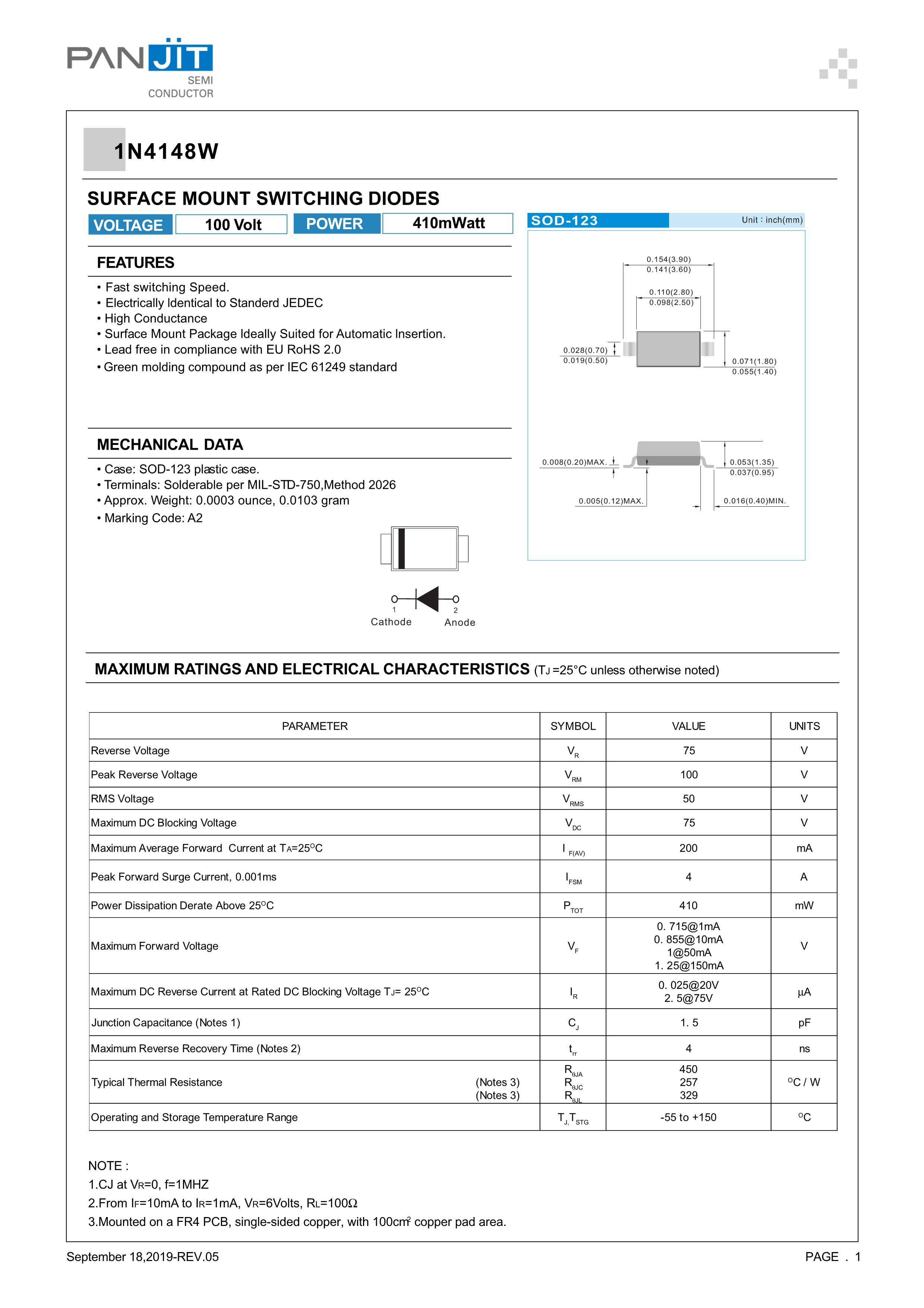 1N4148W_R1_00101数据手册SOD-123封装PANJIT(强茂)PDF规格书，中英文下 - 规格书 - 芯片模块网 - 让芯片更简单！