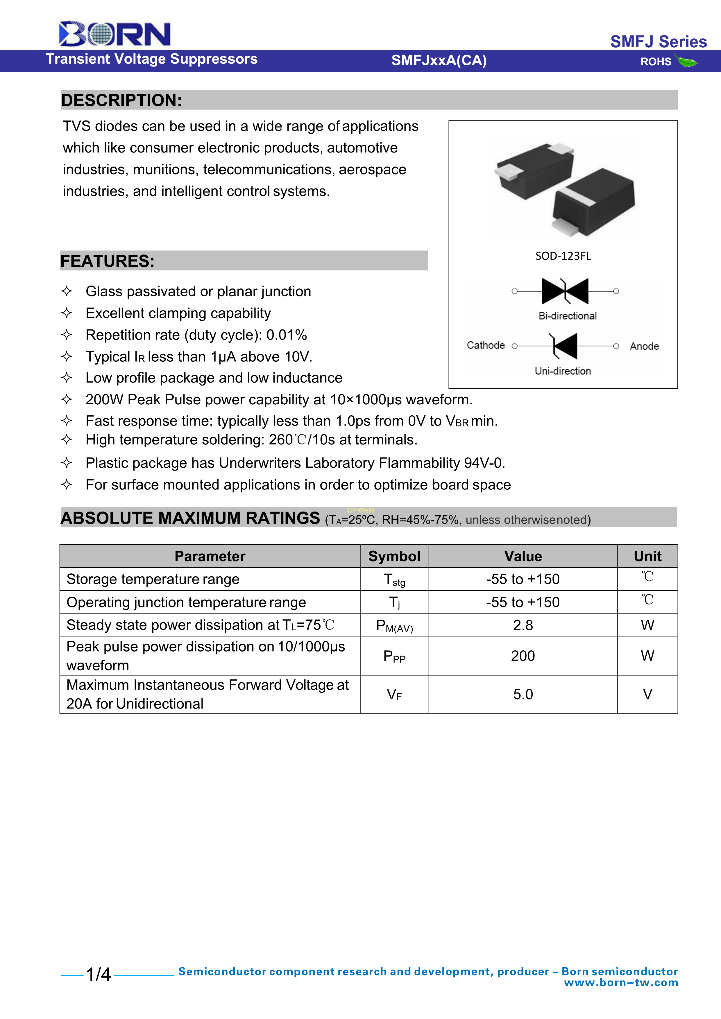 SMFJ6.0CA数据手册SOD-123F封装BORN(伯恩半导体)PDF规格书，中英文下载 - 规格书 - 芯片模块网 - 让芯片更简单！