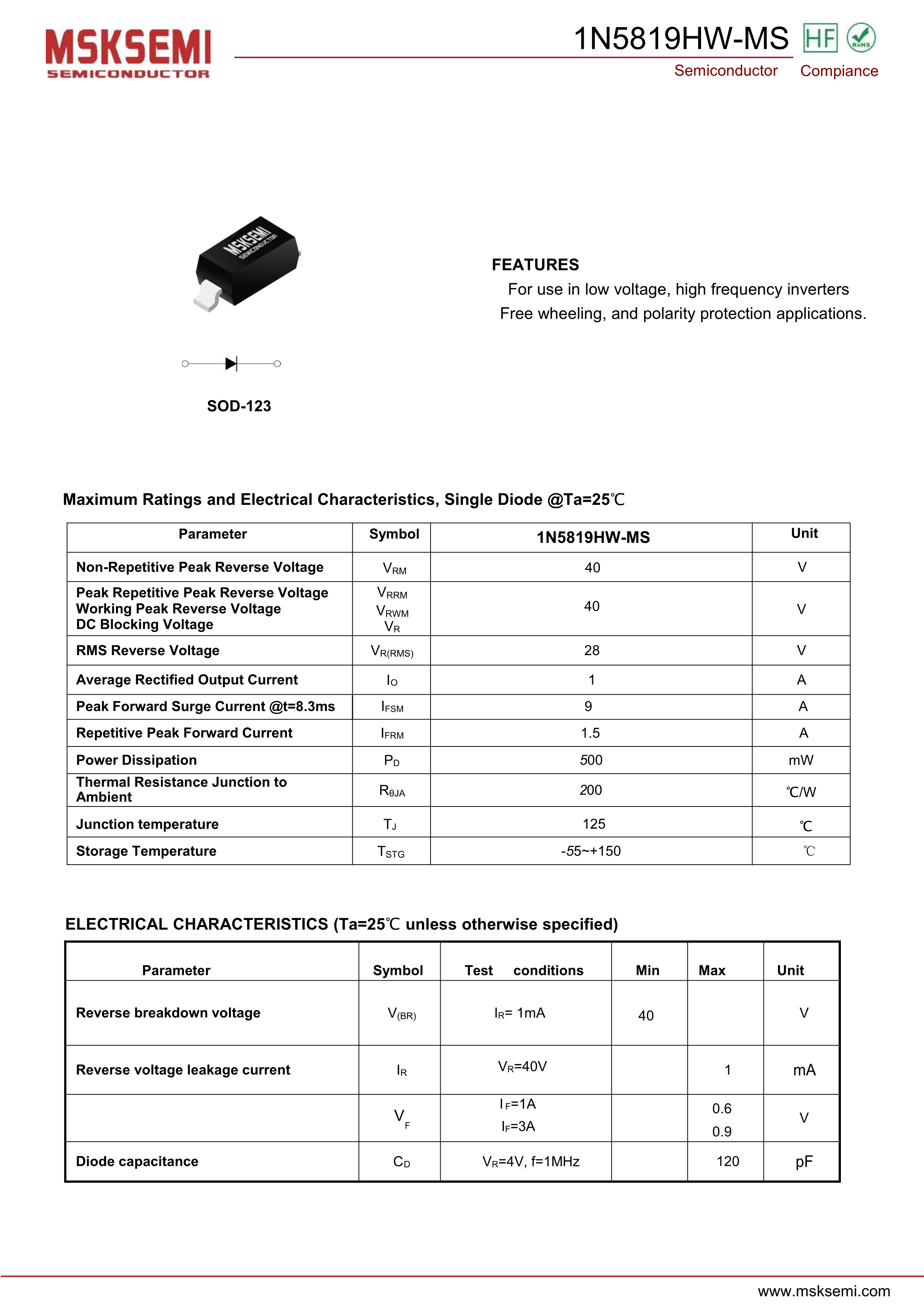 1N5819HW-MS數據手冊SOD-123封裝MSKSEMI(美森科)PDF規格書，中英文下載 - 規格書 - 芯片模塊網 - 讓芯片更簡單！