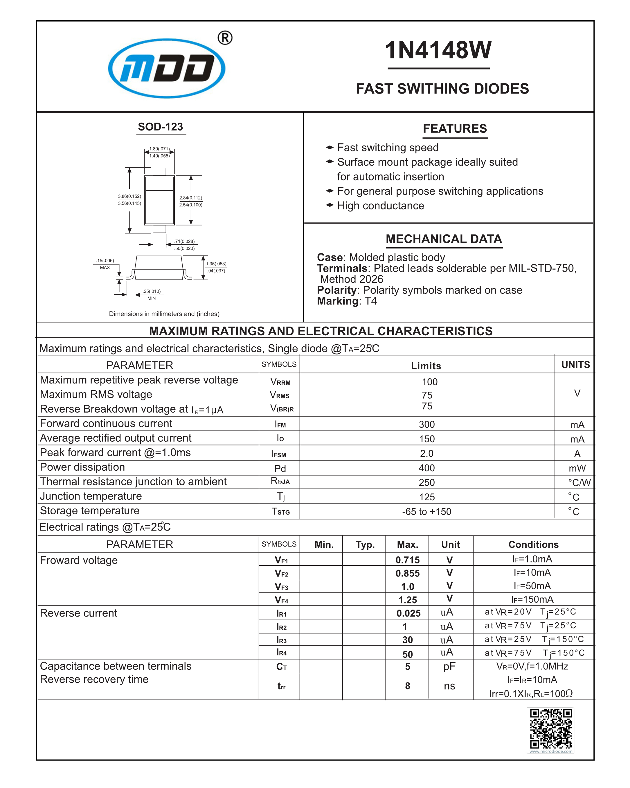 1N4148W数据手册SOD-123封装MDDPDF规格书，中英文下载 - 规格书 - 芯片模块网 - 让芯片更简单！