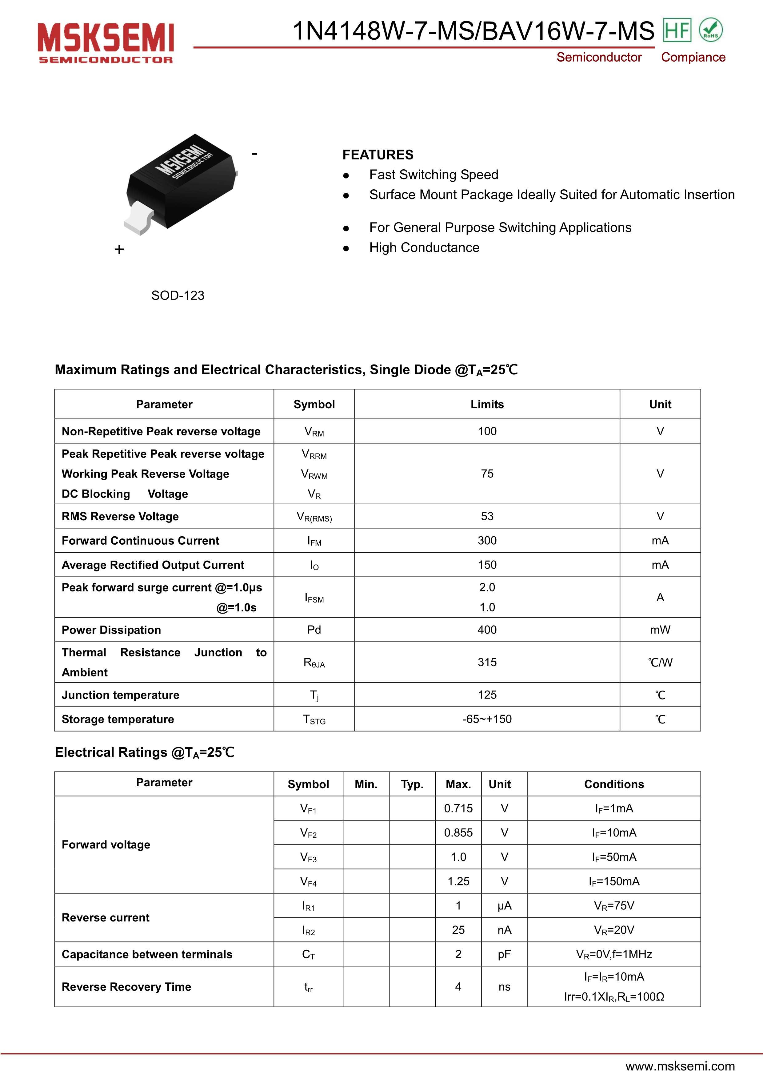 1N4148W-7-MS數據手冊SOD-123封裝MSKSEMI(美森科)PDF規格書，中英文下載 - 規格書 - 芯片模塊網 - 讓芯片更簡單！