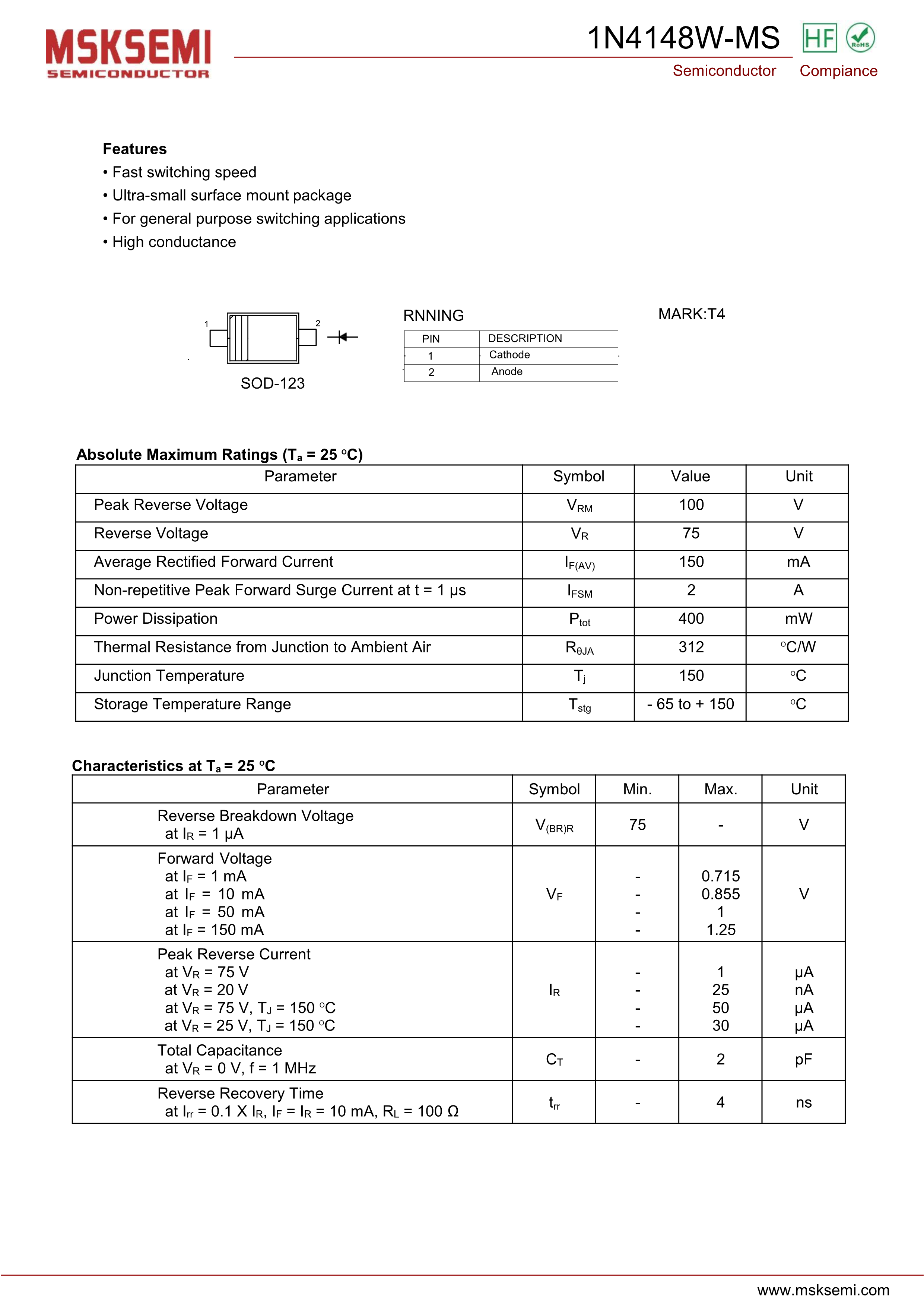 1N4148W-MS数据手册SOD-123封装MSKSEMI(美森科)PDF规格书，中英文下载 - 规格书 - 芯片模块网 - 让芯片更简单！