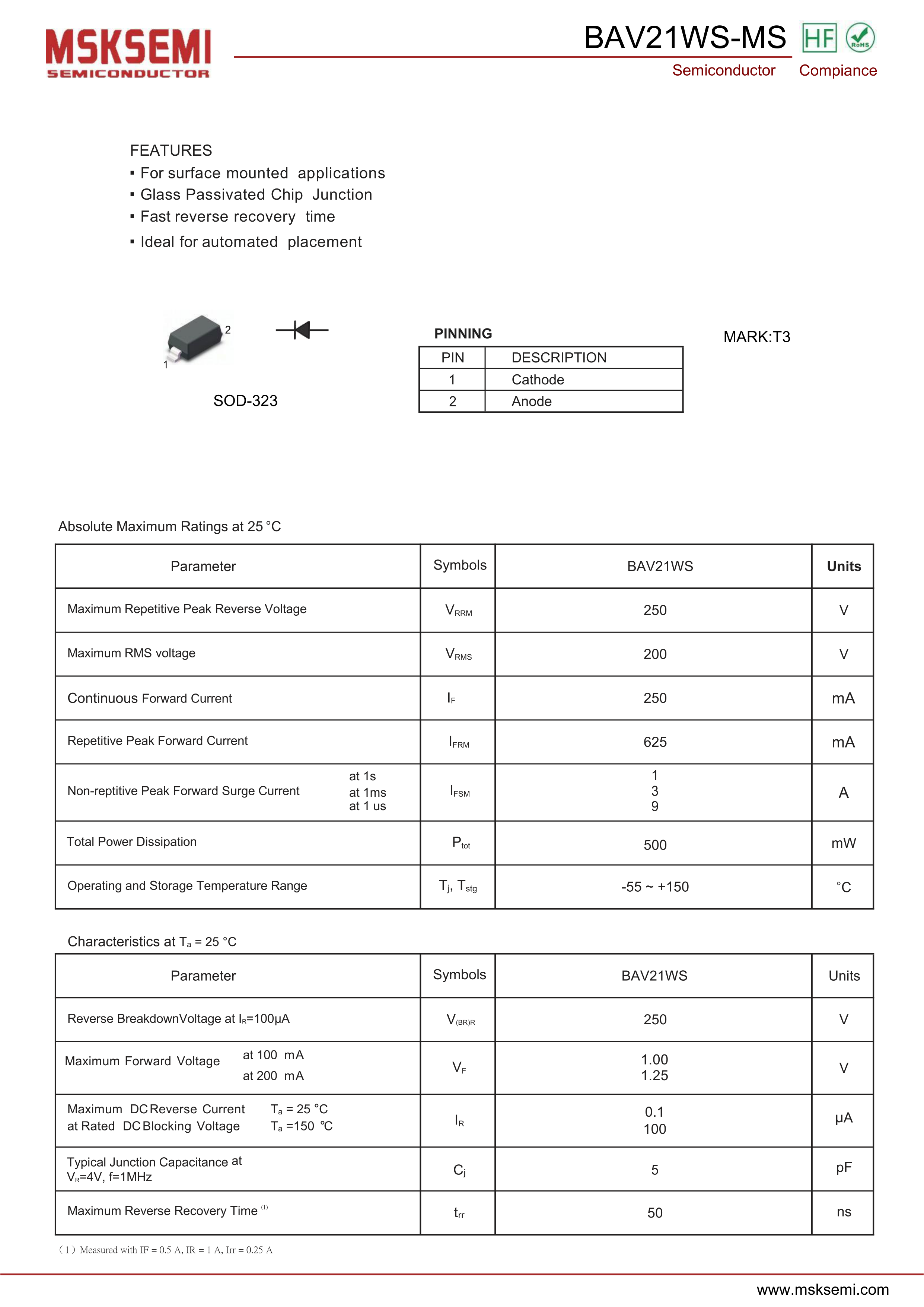 BAV21WS-MS数据手册SOD-323封装MSKSEMI(美森科)PDF规格书，中英文下载 - 规格书 - 芯片模块网 - 让芯片更简单！
