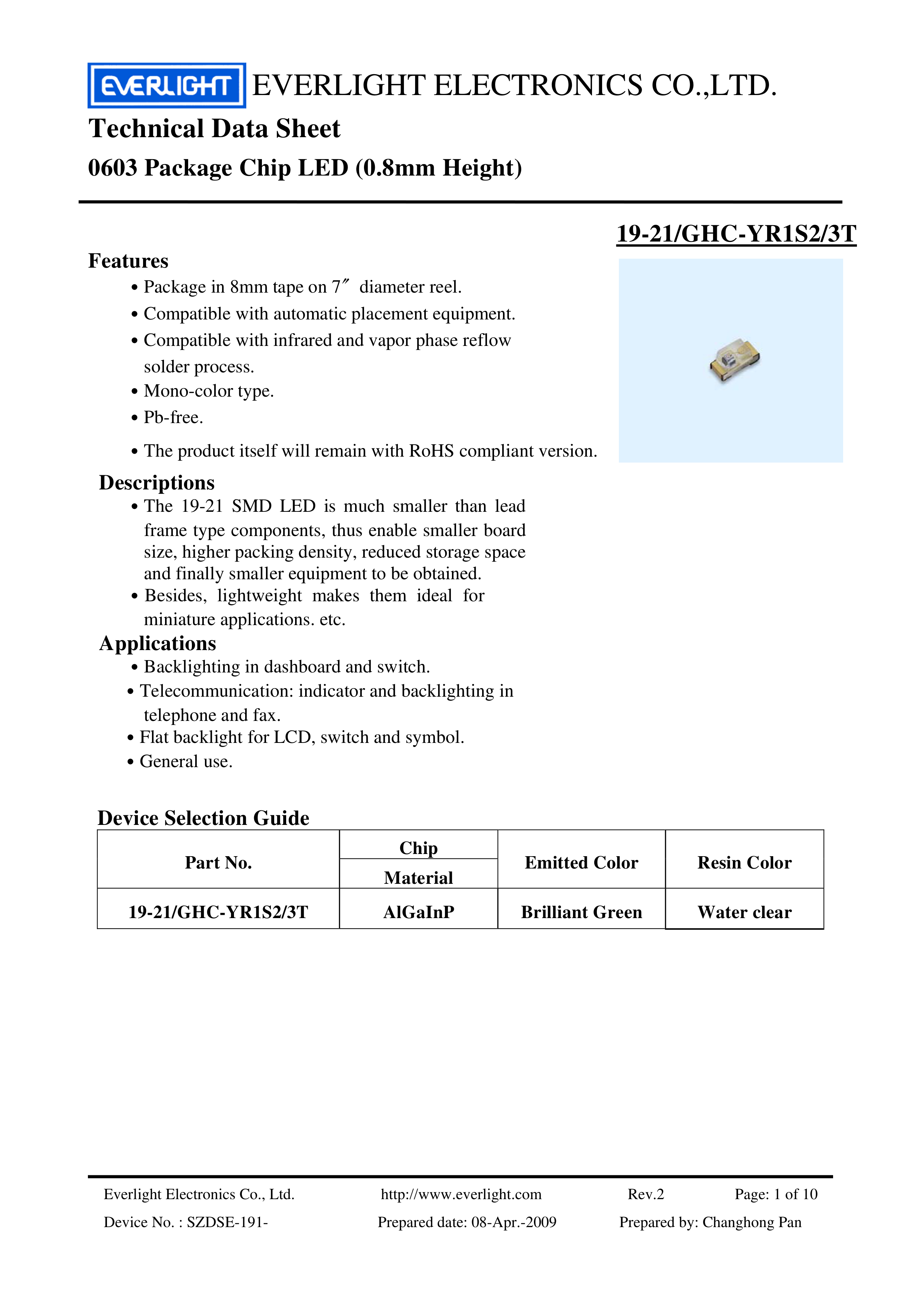 19-21-GHC-YR1S2-3T数据手册0603封装EVERLIGHT(台湾亿光)PDF规格书， - 规格书 - 芯片模块网 - 让芯片更简单！