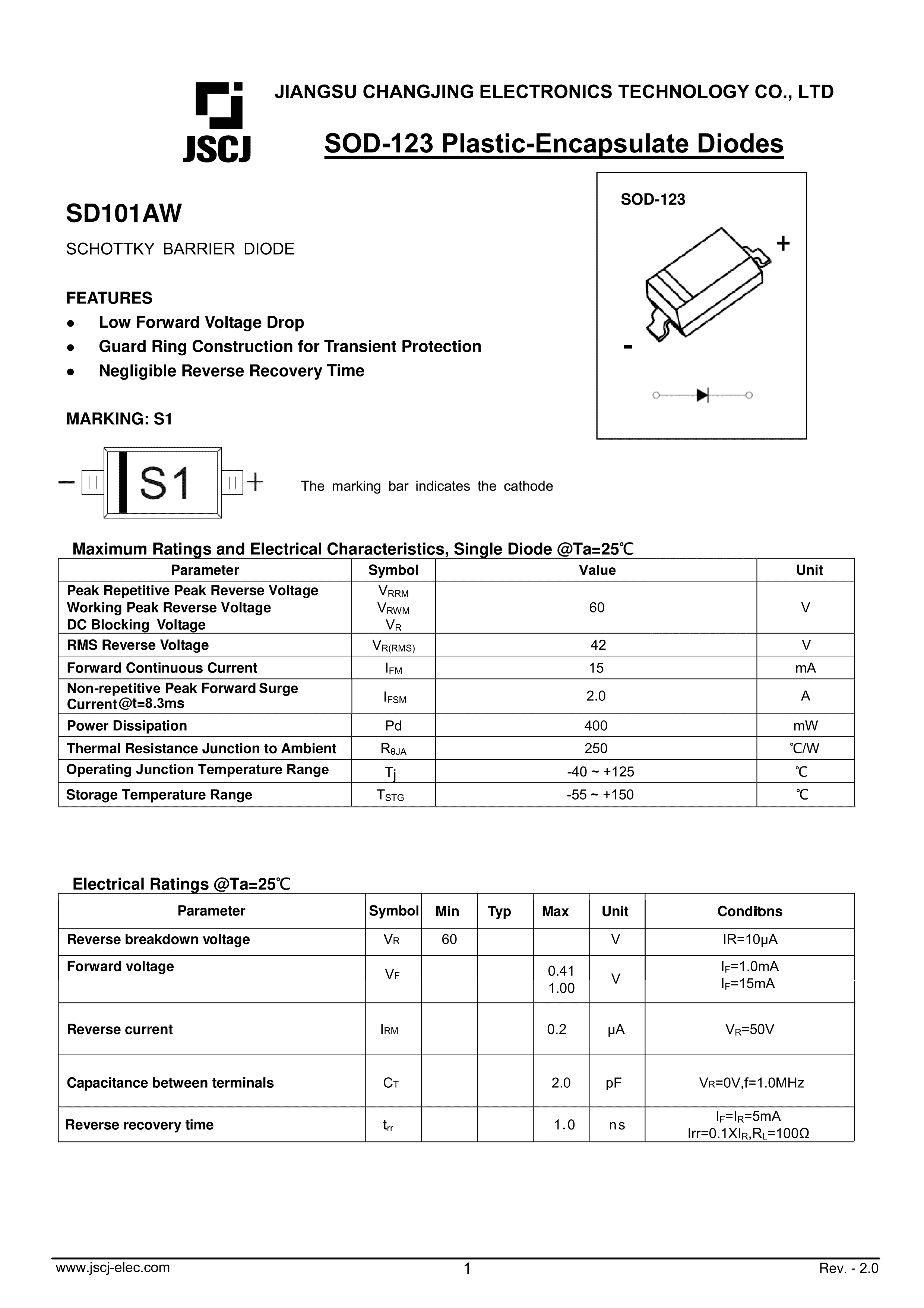 SD101AW数据手册SOD-123封装CJ(江苏长电-长晶)PDF规格书，中英文下载 - 规格书 - 芯片模块网 - 让芯片更简单！