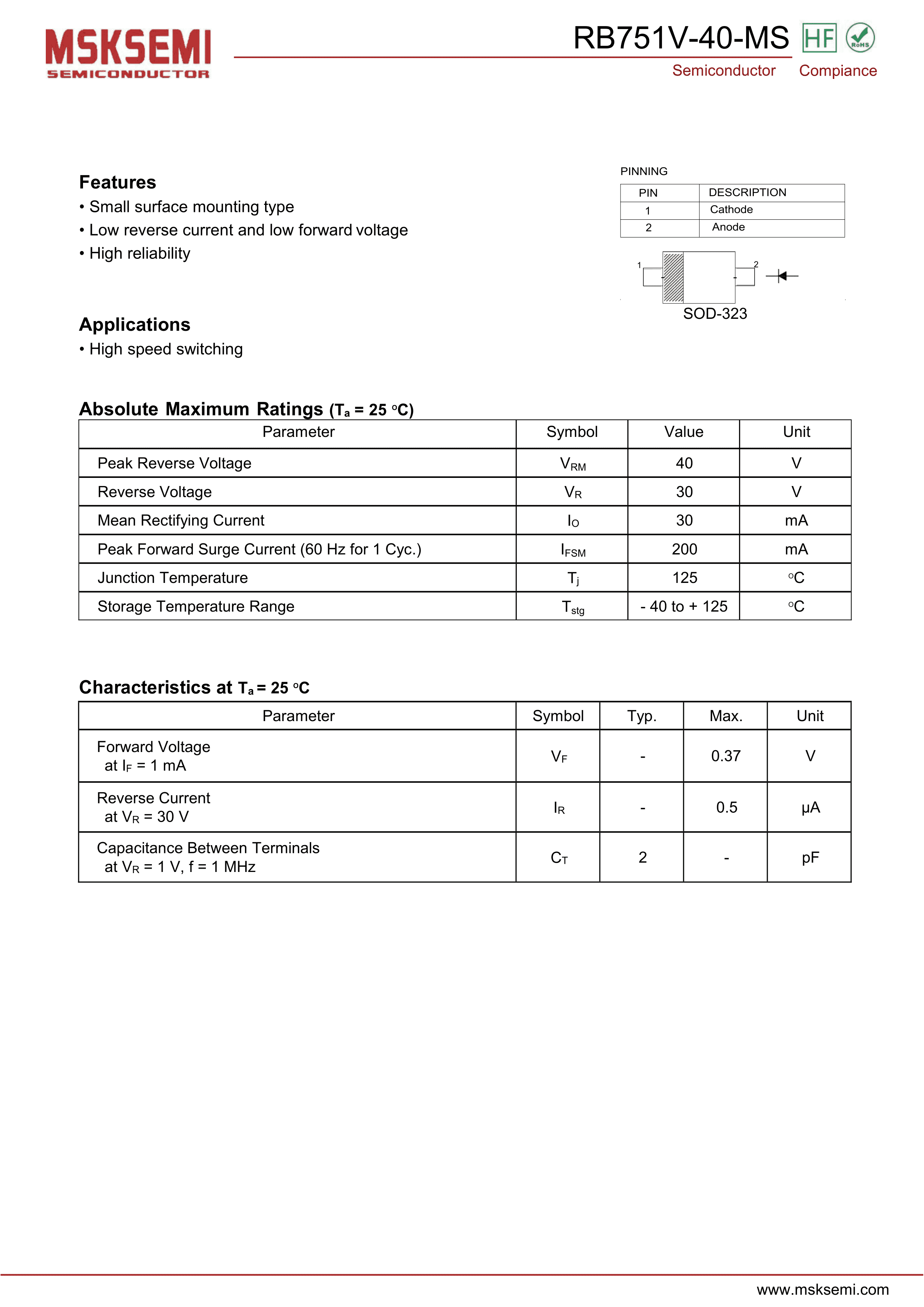 RB751V-40-MS数据手册SOD-323封装MSKSEMI(美森科)PDF规格书，中英文下载 - 规格书 - 芯片模块网 - 让芯片更简单！
