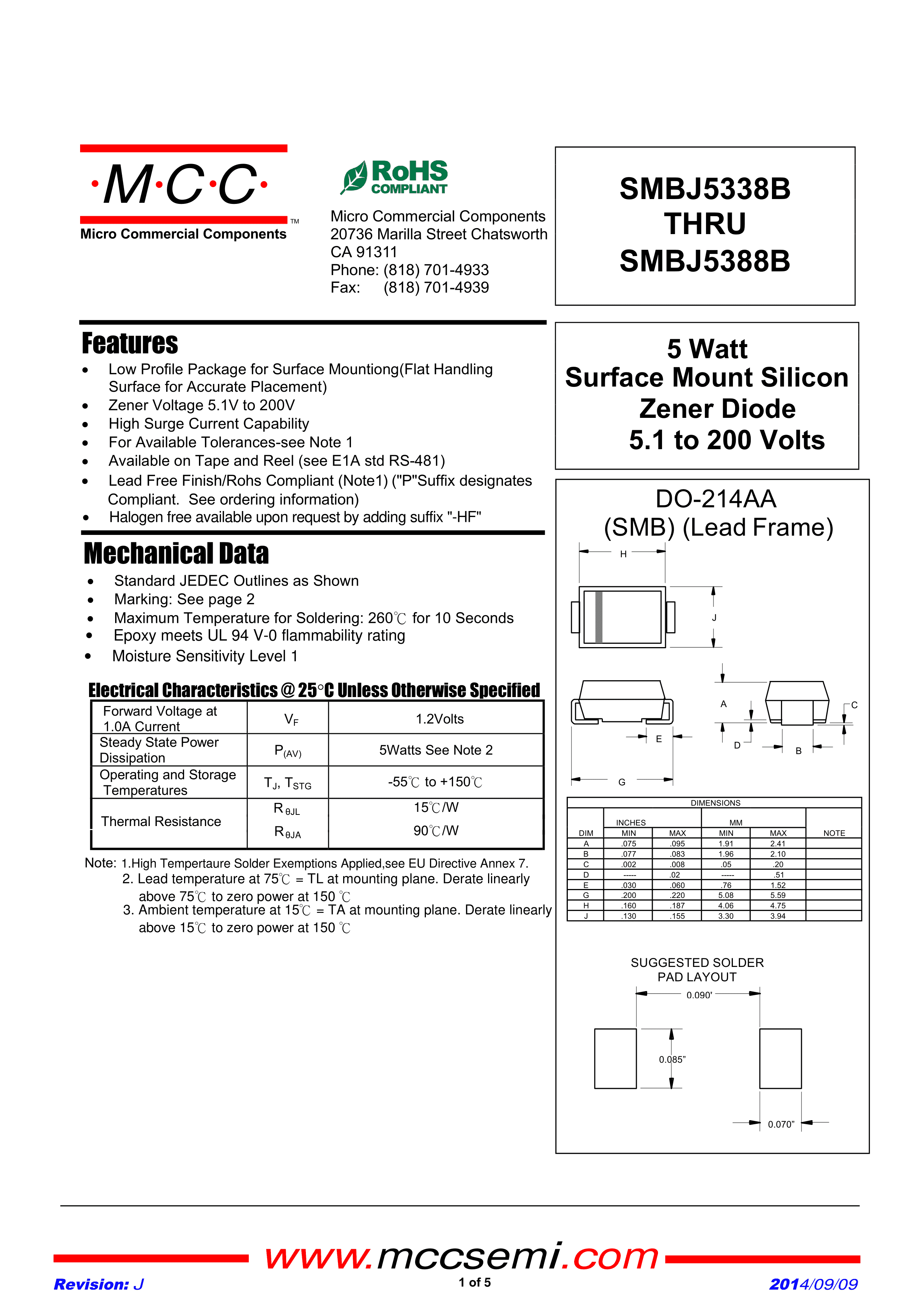 SMBJ5355B-TP数据手册SMB(DO-214AA)封装MCC(美微科)PDF规格书，中英文下 - 规格书 - 芯片模块网 - 让芯片更简单！