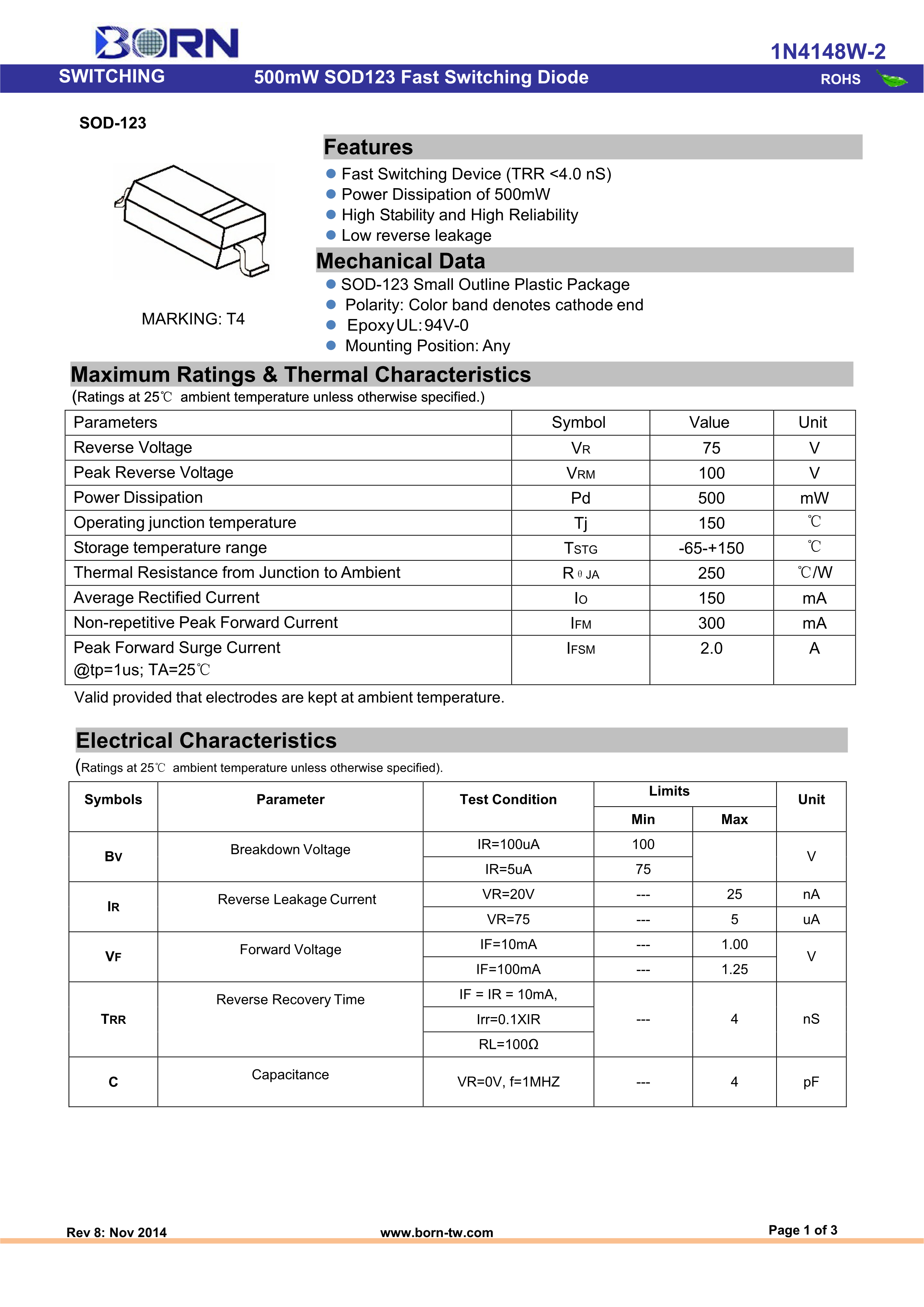 1N4148W-2数据手册SOD-123封装BORN(伯恩半导体)PDF规格书，中英文下载 - 规格书 - 芯片模块网 - 让芯片更简单！