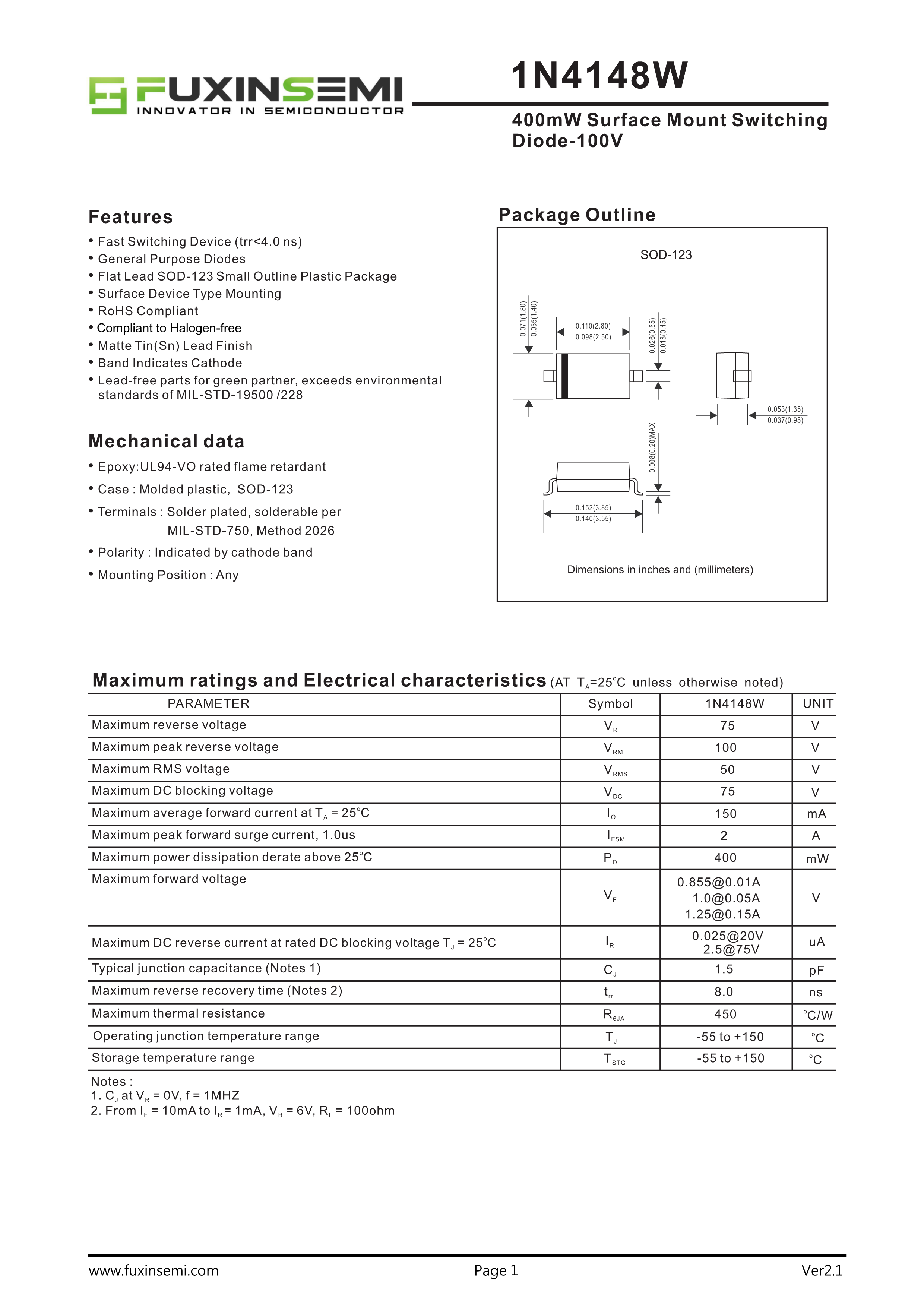 1N4148W数据手册SOD-123封装FUXINSEMI(富芯森美)PDF规格书，中英文下载 - 规格书 - 芯片模块网 - 让芯片更简单！