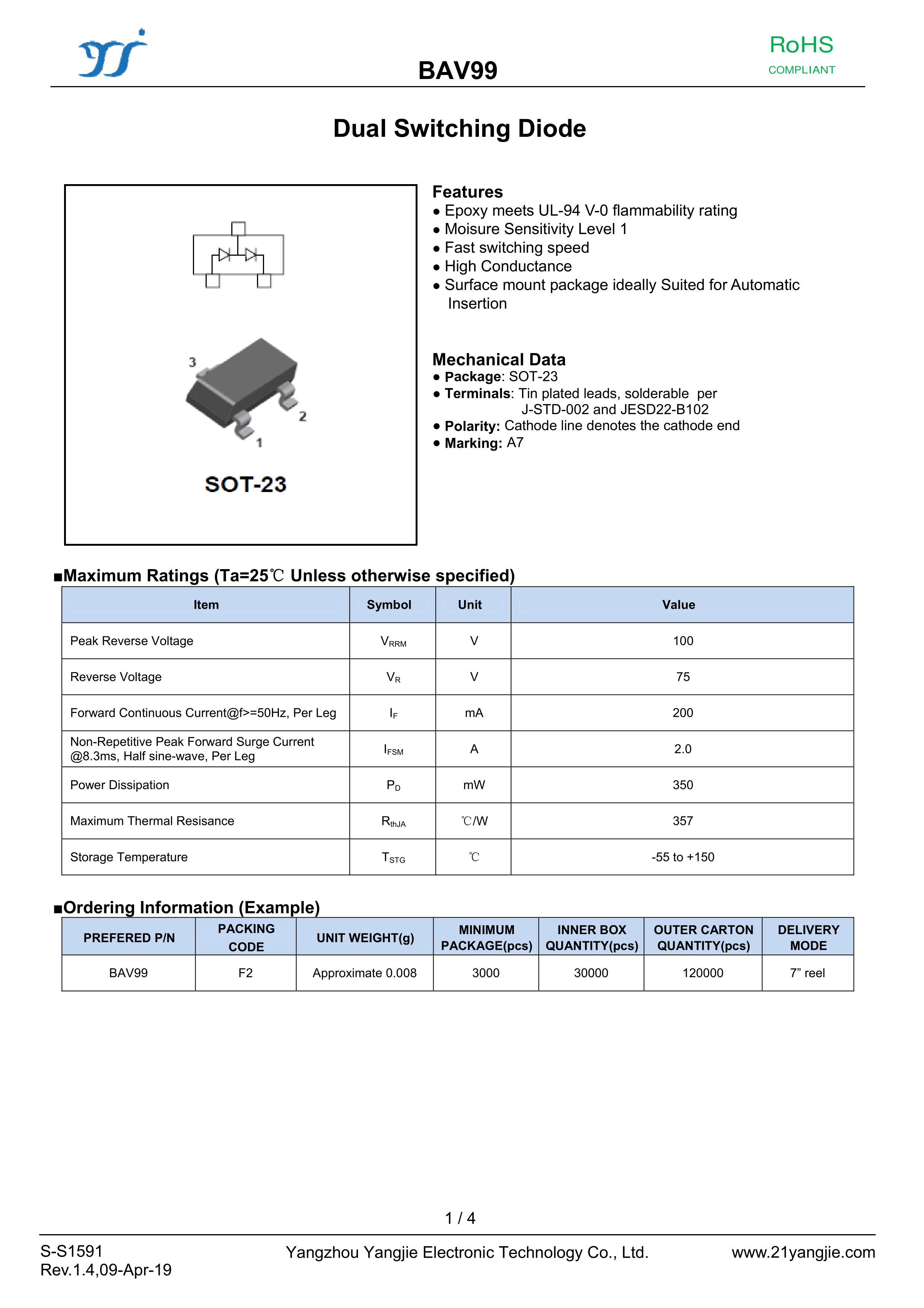 BAV99数据手册SOT-23封装YANGJIE(扬杰)PDF规格书，中英文下载 - 规格书 - 芯片模块网 - 让芯片更简单！