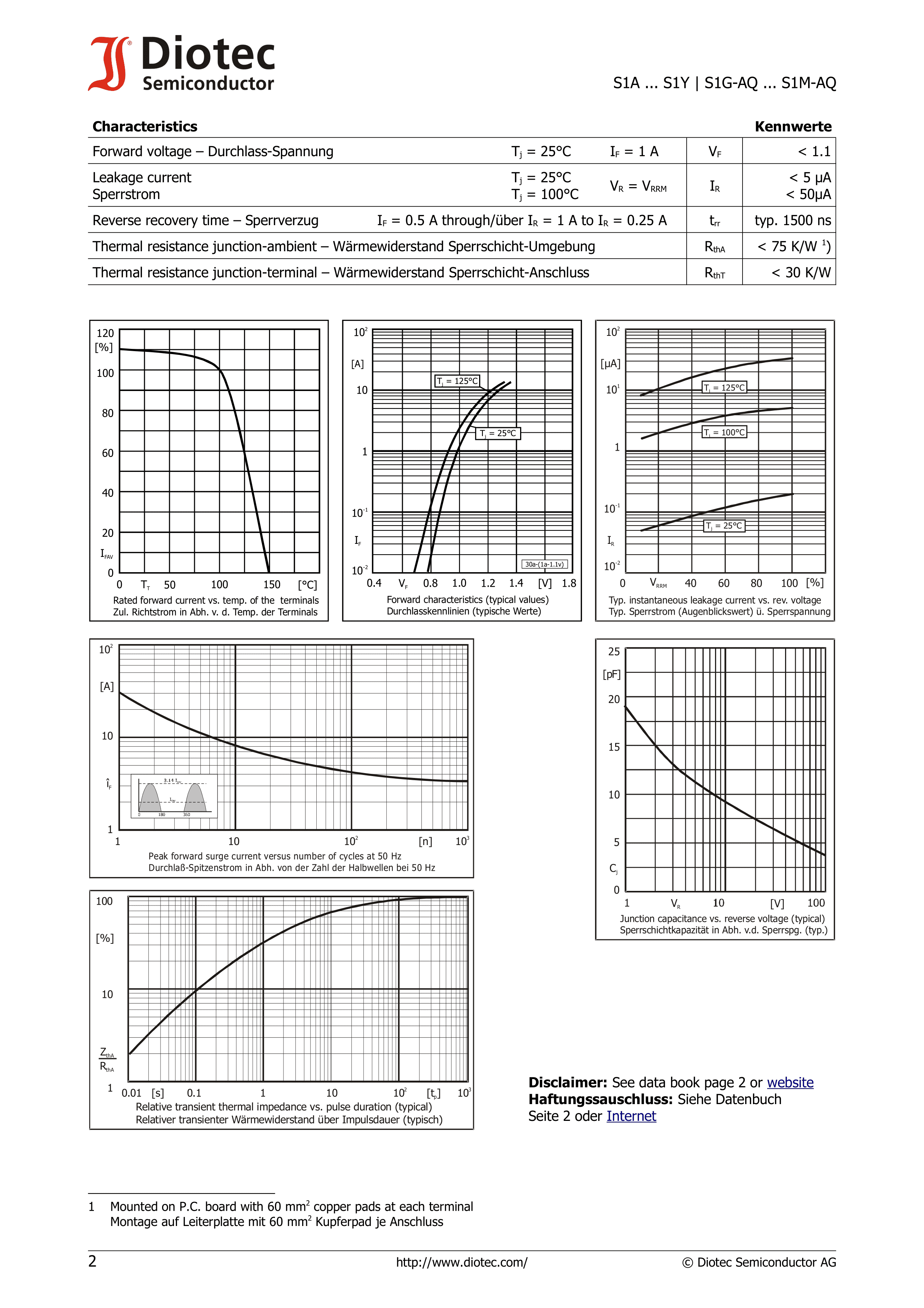 S1G数据手册SMA(DO-214AC)封装DIOTEC(德欧泰克)PDF规格书，中英文下载 - 规格书 - 芯片模块网 - 让芯片更简单！