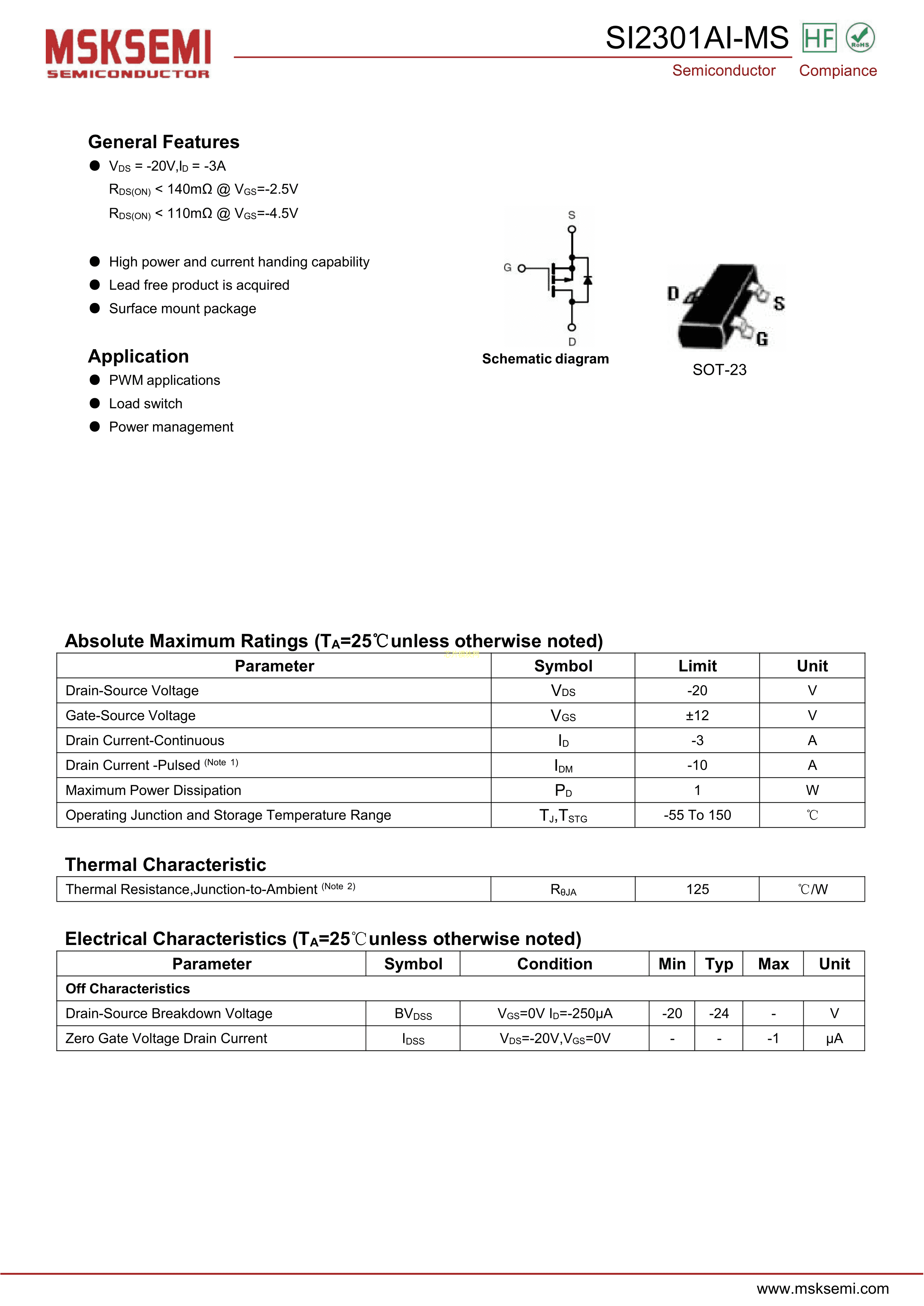 SI2301AI-MS数据手册SOT-23封装MSKSEMI(美森科)PDF规格书，中英文下载 - 规格书 - 芯片模块网 - 让芯片更简单！