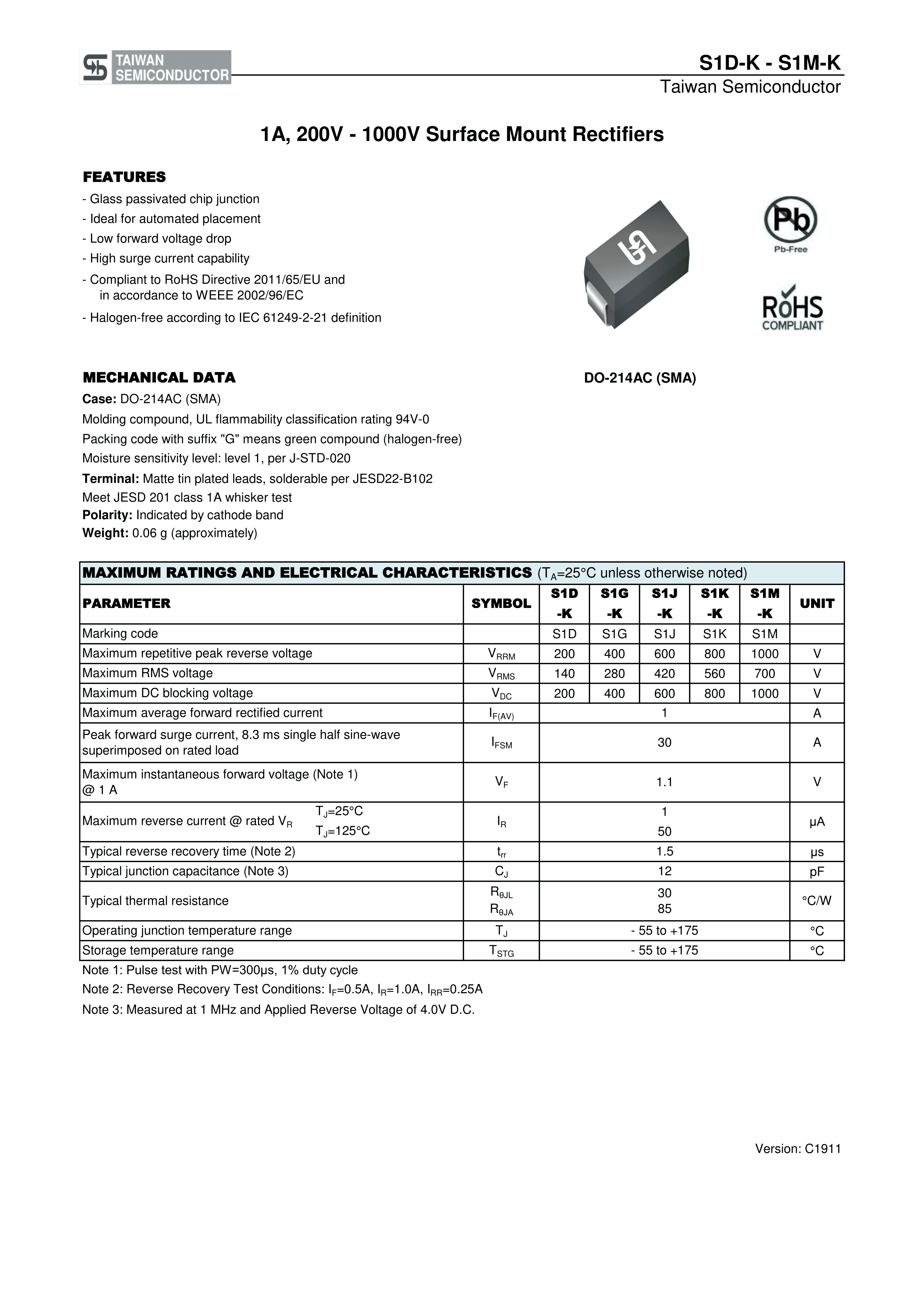 S1G-K R3G数据手册SMA(DO-214AC)封装Taiwan Semiconductor(台 - 规格书 - 芯片模块网 - 让芯片更简单！