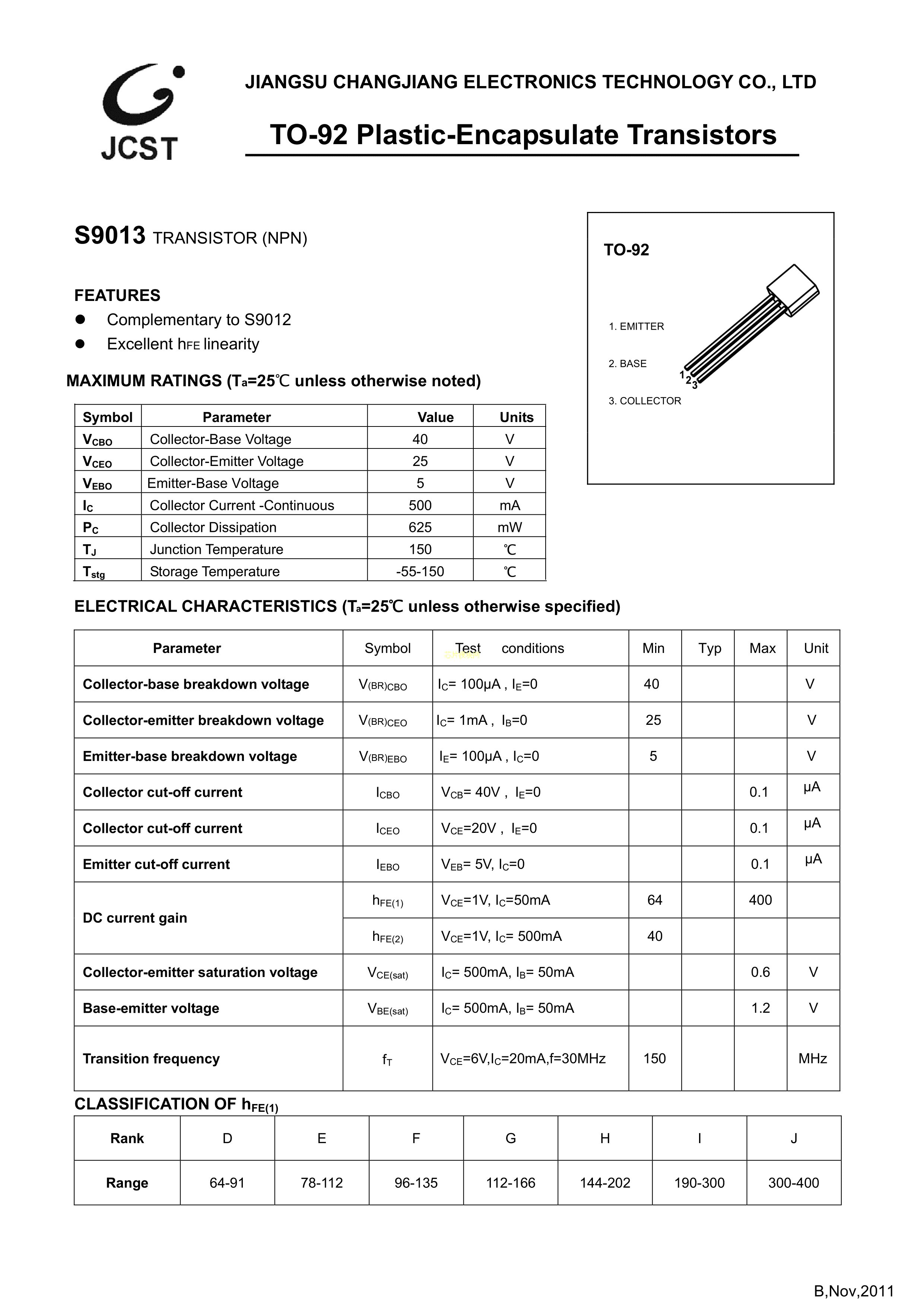 S9013数据手册TO-92封装CJ(江苏长电-长晶)PDF规格书，中英文下载 - 规格书 - 芯片模块网 - 让芯片更简单！