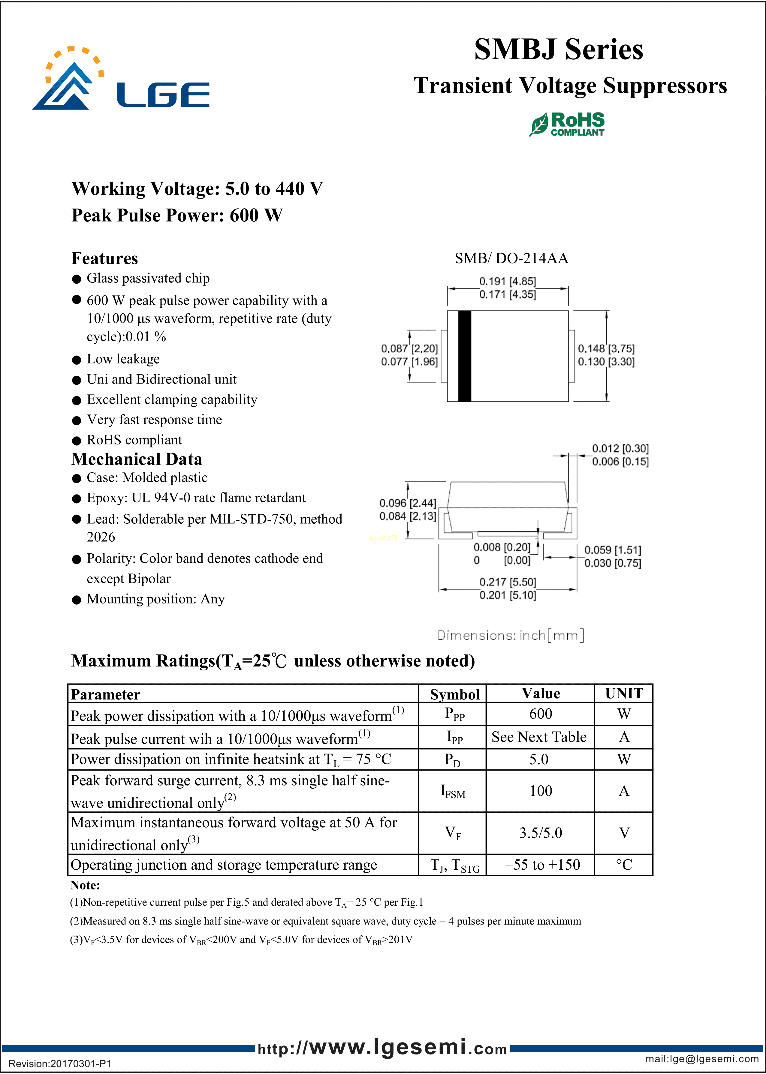 SMBJ28A数据手册SMB(DO-214AA)封装LGE(鲁光)PDF规格书，中英文下载 - 规格书 - 芯片模块网 - 让芯片更简单！