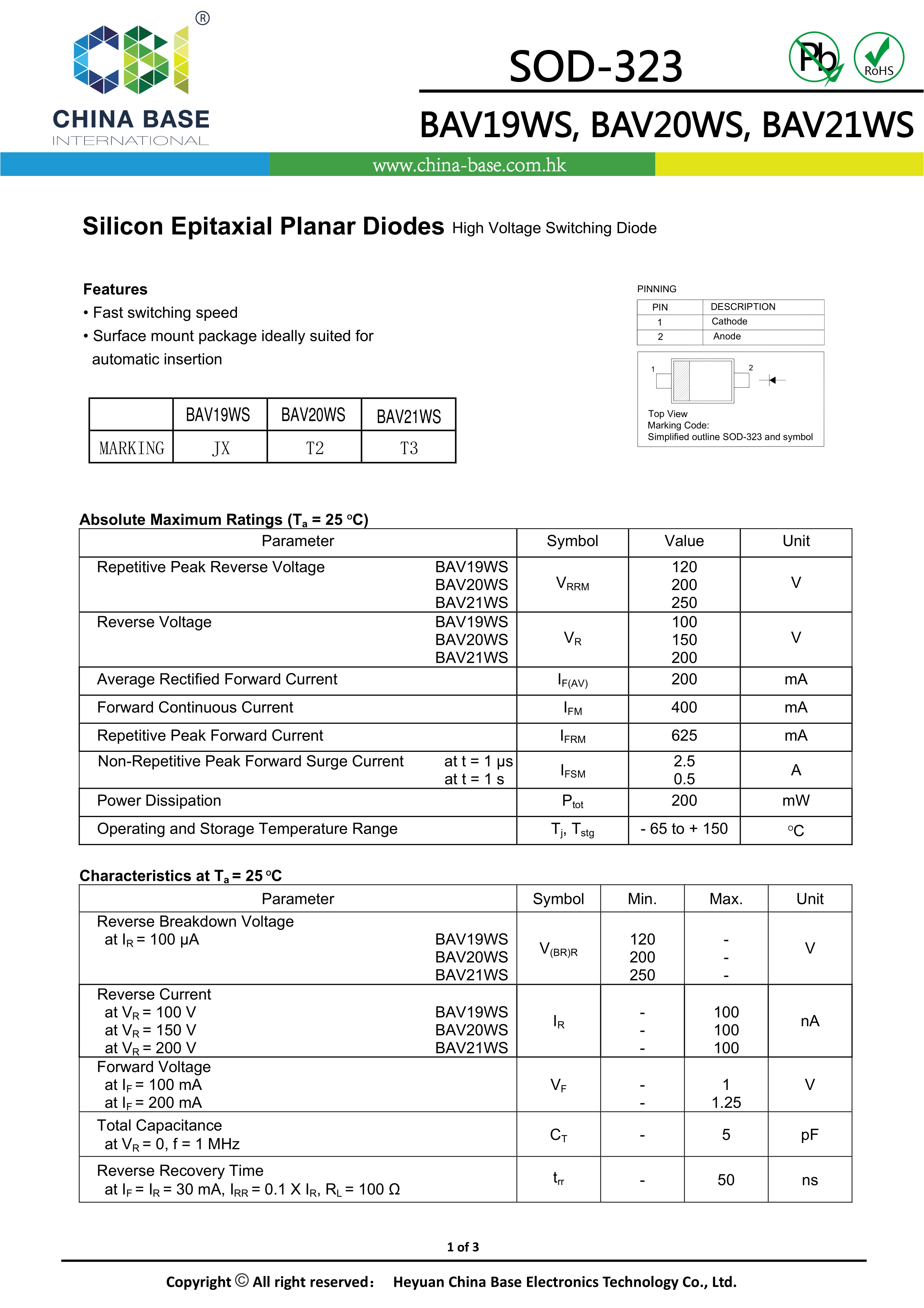 BAV21WS T3数据手册SOD-323封装CBI(创基)PDF规格书，中英文下载 - 规格书 - 芯片模块网 - 让芯片更简单！