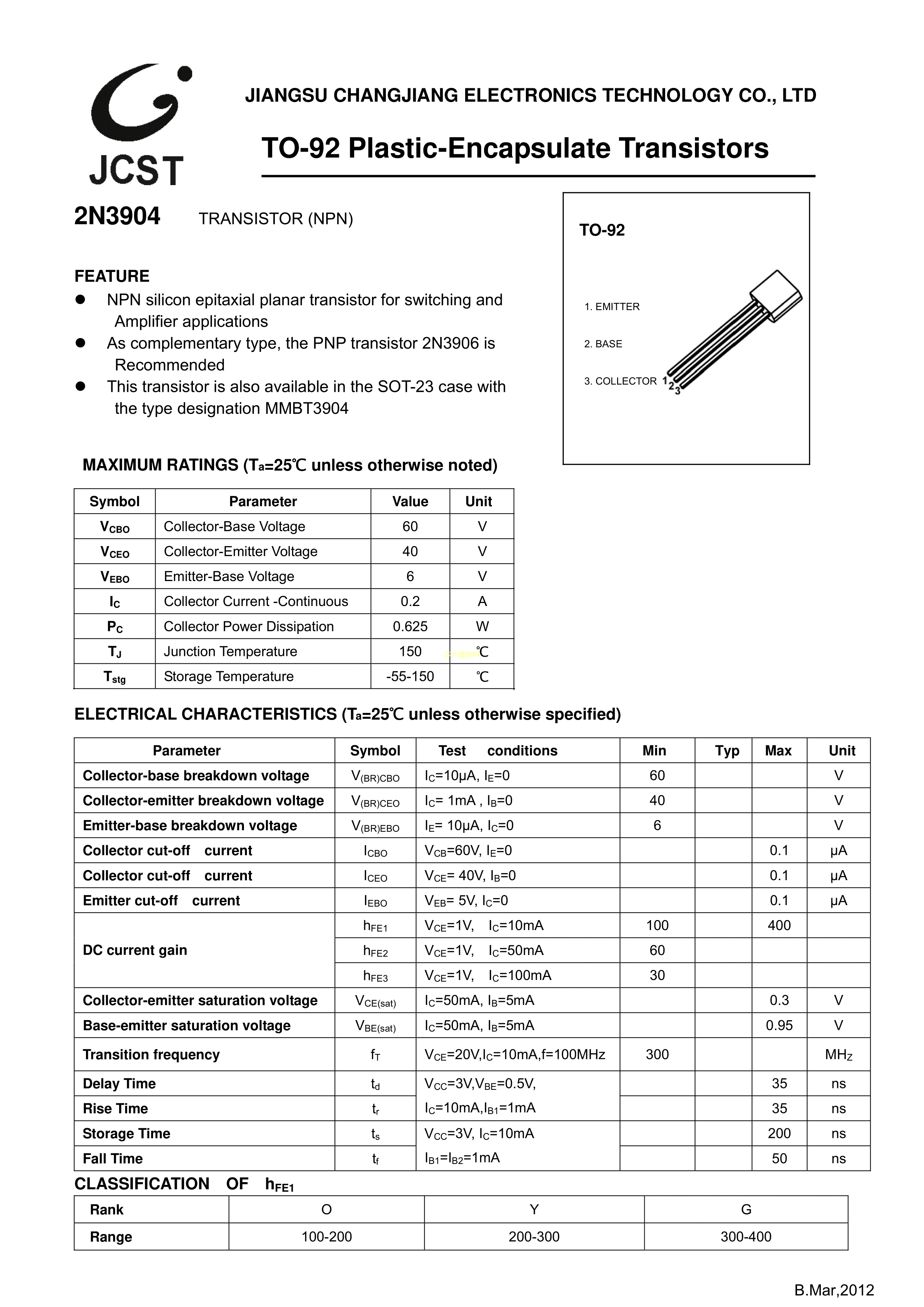 2N3904-TA数据手册TO-92_Forming1封装CJ(江苏长电-长晶)PDF规格书，中英文 - 规格书 - 芯片模块网 - 让芯片更简单！