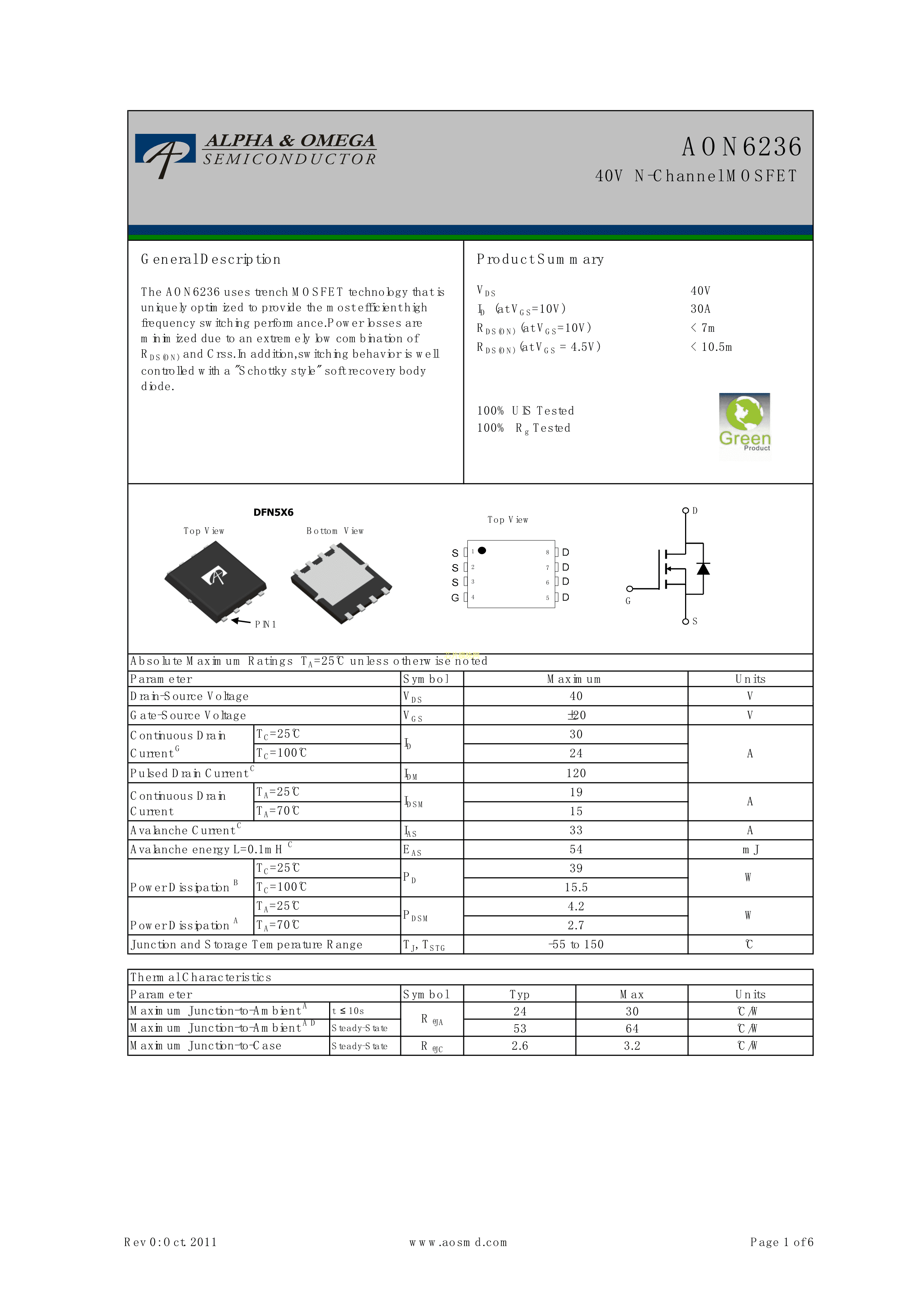 AON6236数据手册DFN 5x6封装AOSPDF规格书，中英文下载 - 规格书 - 芯片模块网 - 让芯片更简单！
