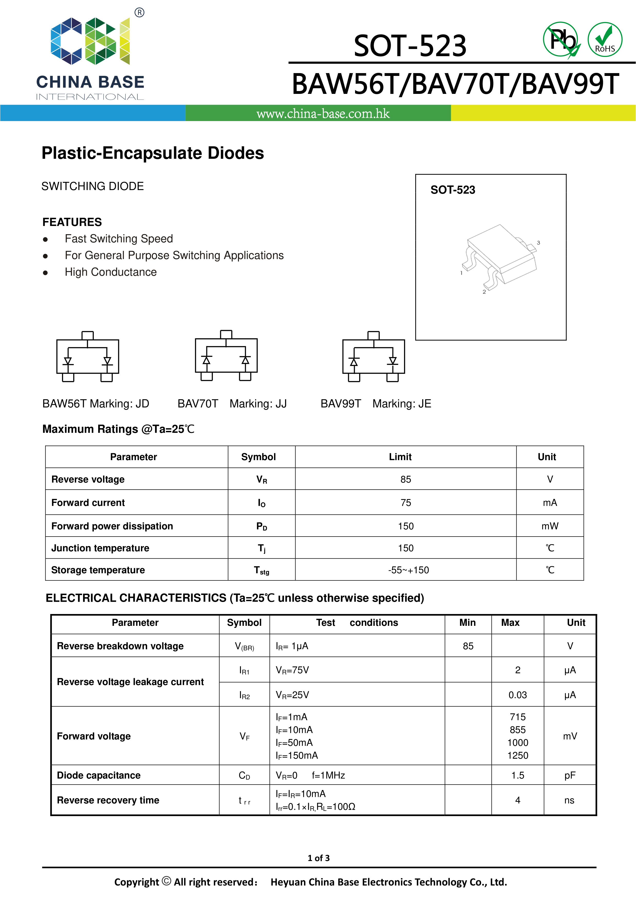 BAV99T JE数据手册SOT-523封装CBI(创基)PDF规格书，中英文下载 - 规格书 - 芯片模块网 - 让芯片更简单！