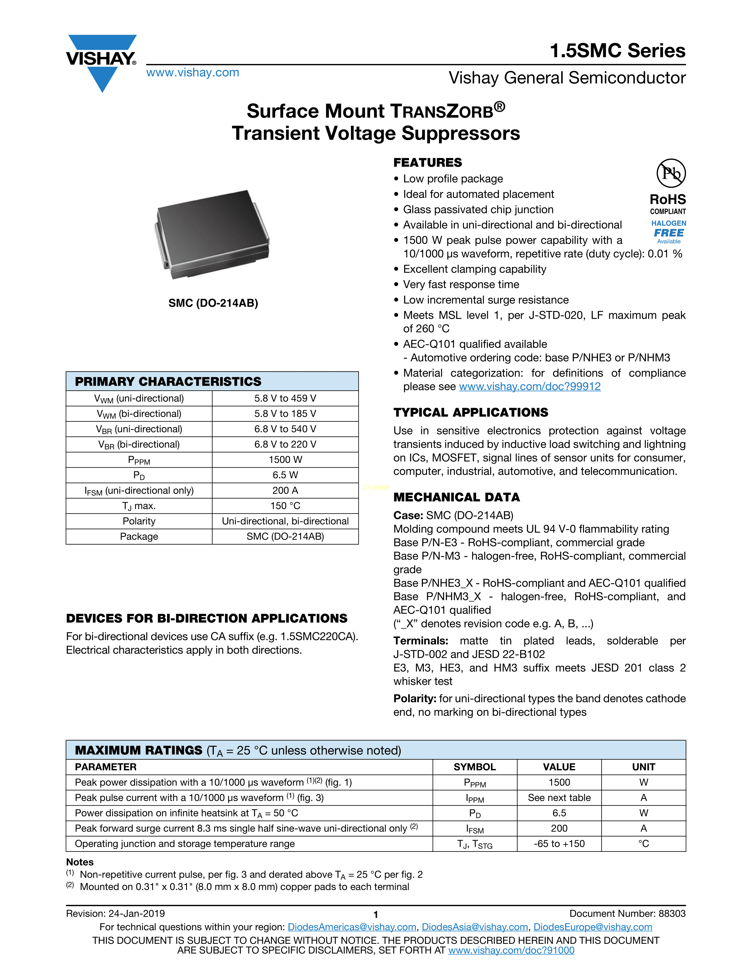 1.5SMC20A-M3-57T数据手册SMC(DO-214AB)封装VISHAY(威世)PDF规格 - 规格书 - 芯片模块网 - 让芯片更简单！