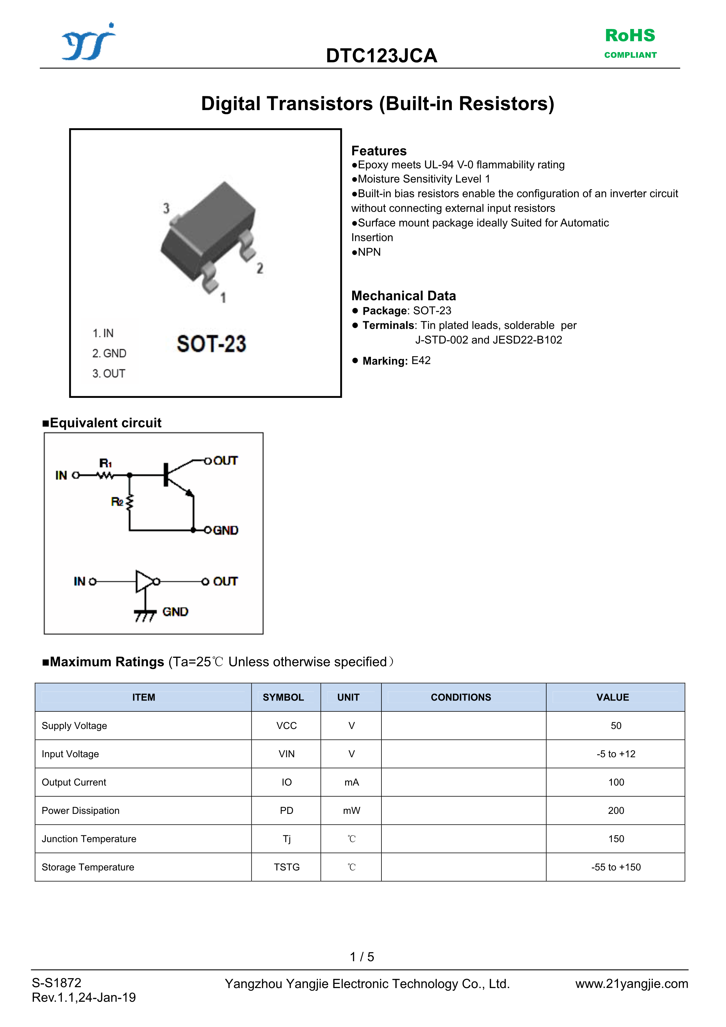 DTC123JCA数据手册SOT-23封装YANGJIE(扬杰)PDF规格书，中英文下载 - 规格书 - 芯片模块网 - 让芯片更简单！