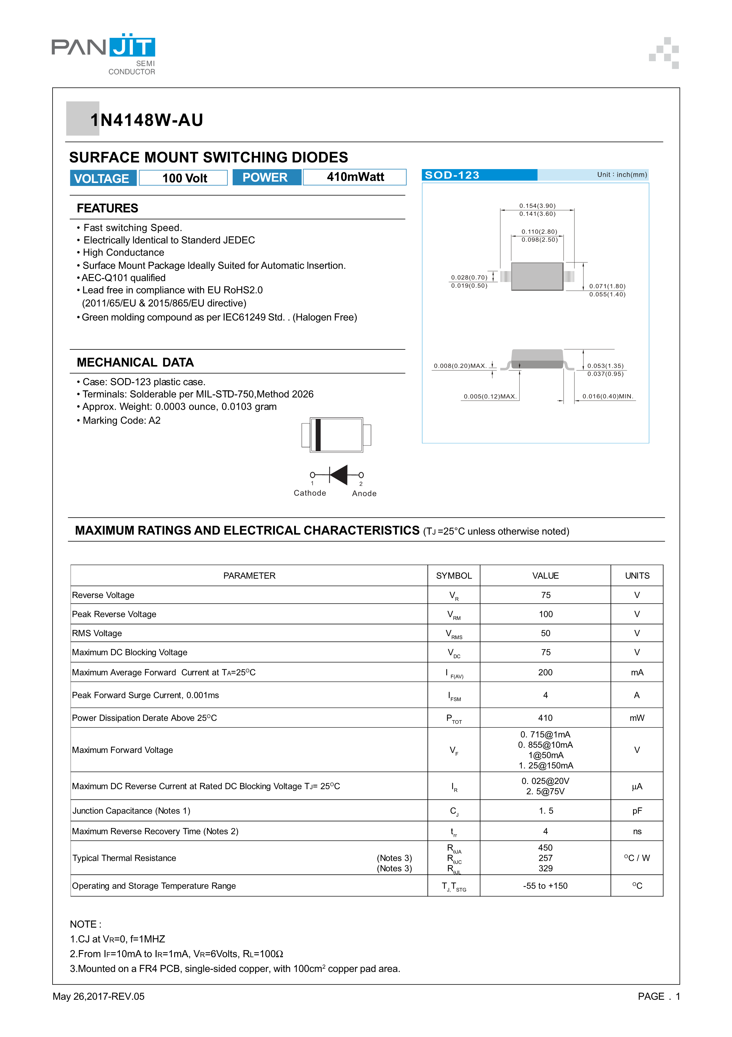 1N4148W-AU_R1_00001数据手册SOD-123封装PANJIT(强茂)PDF规格书，中 - 规格书 - 芯片模块网 - 让芯片更简单！