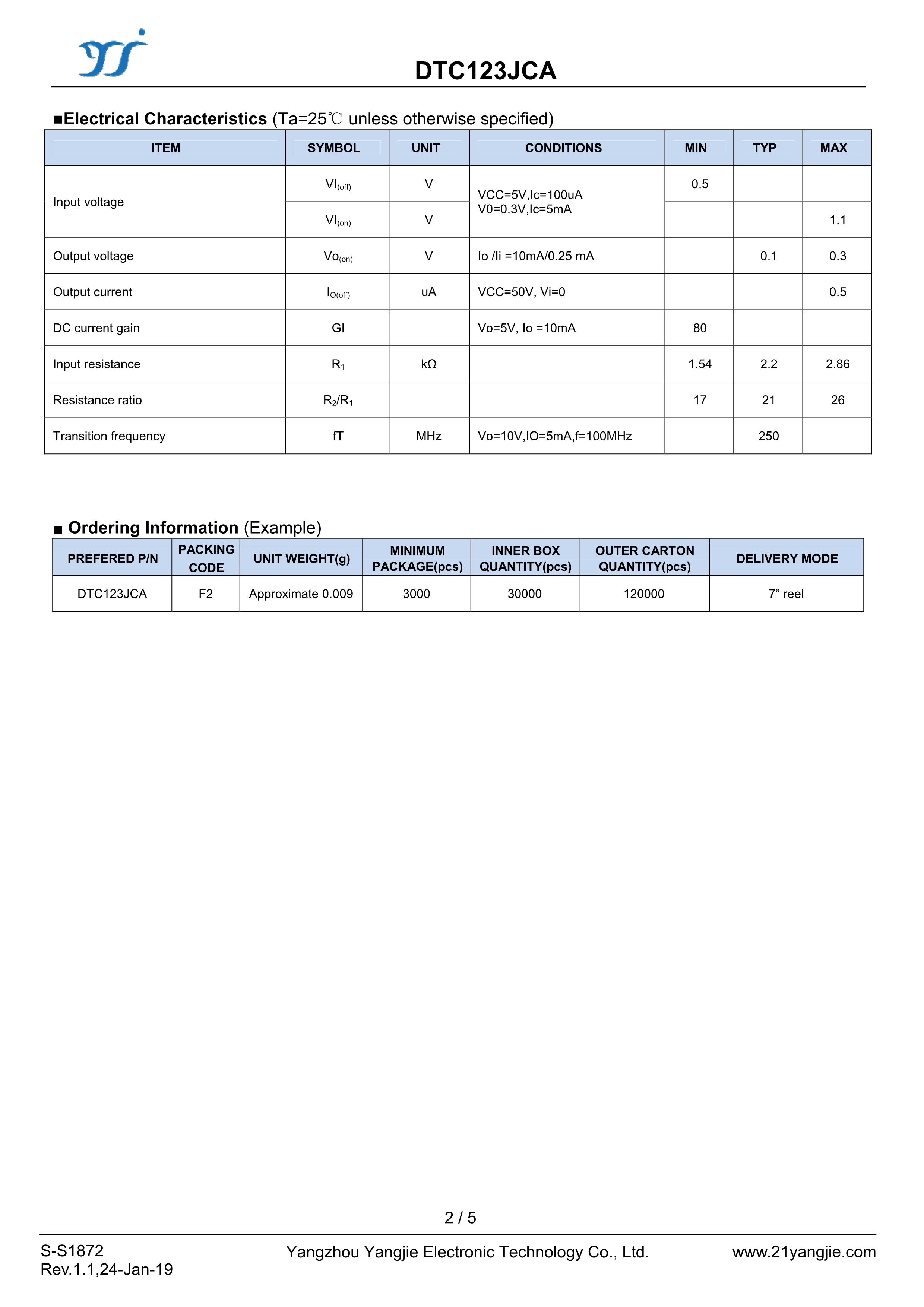DTC123JCA数据手册SOT-23封装YANGJIE(扬杰)PDF规格书，中英文下载 - 规格书 - 芯片模块网 - 让芯片更简单！