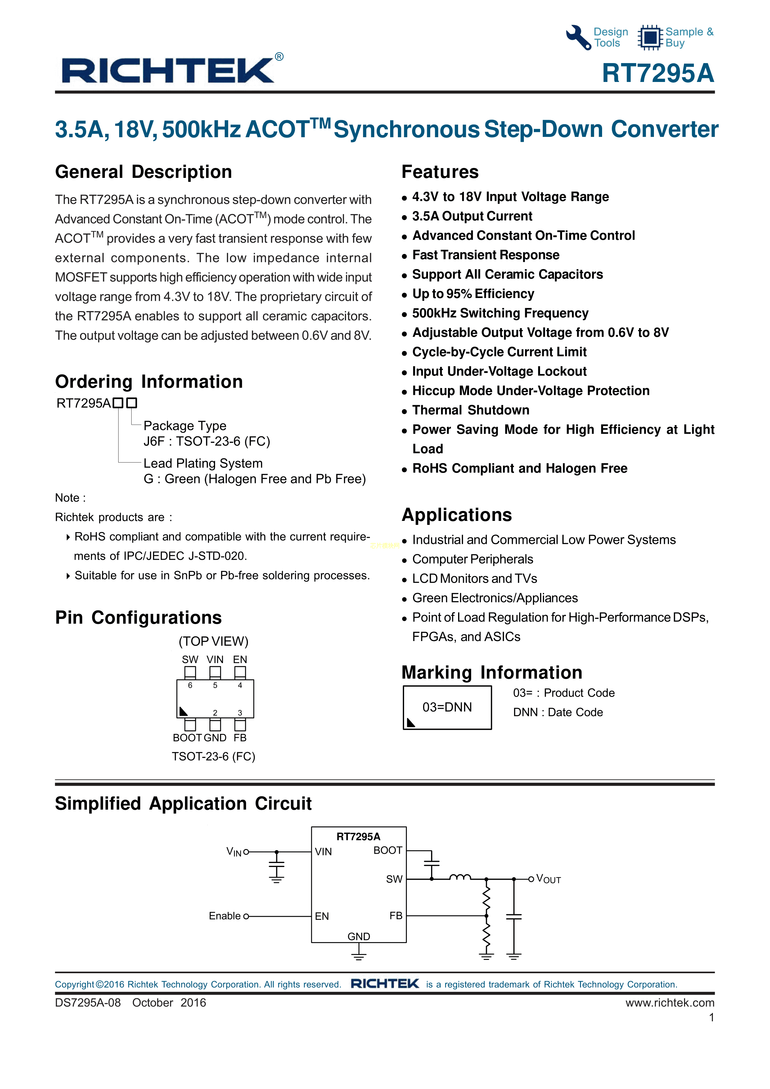 RT7295AGJ6F数据手册SOT-23-6封装RICHTEK(台湾立锜)PDF规格书，中英文下载 - 规格书 - 芯片模块网 - 让芯片更简单！
