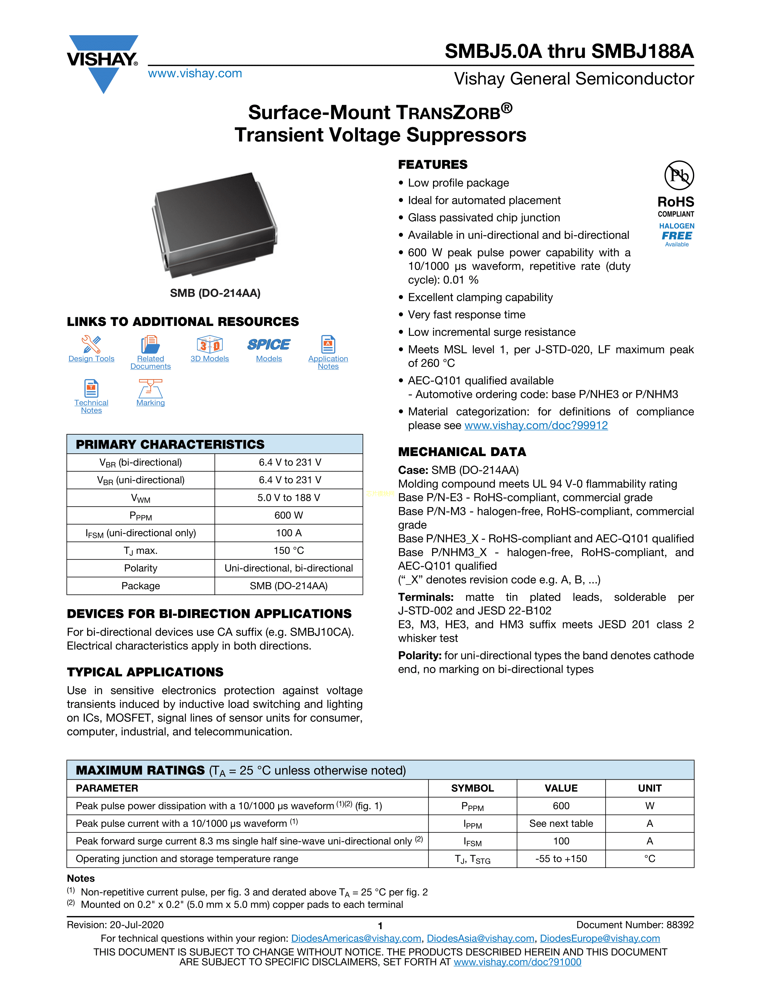 SMBJ24CAHM3_A-I数据手册SMB(DO-214AA)封装VISHAY(威世)PDF规格书 - 规格书 - 芯片模块网 - 让芯片更简单！