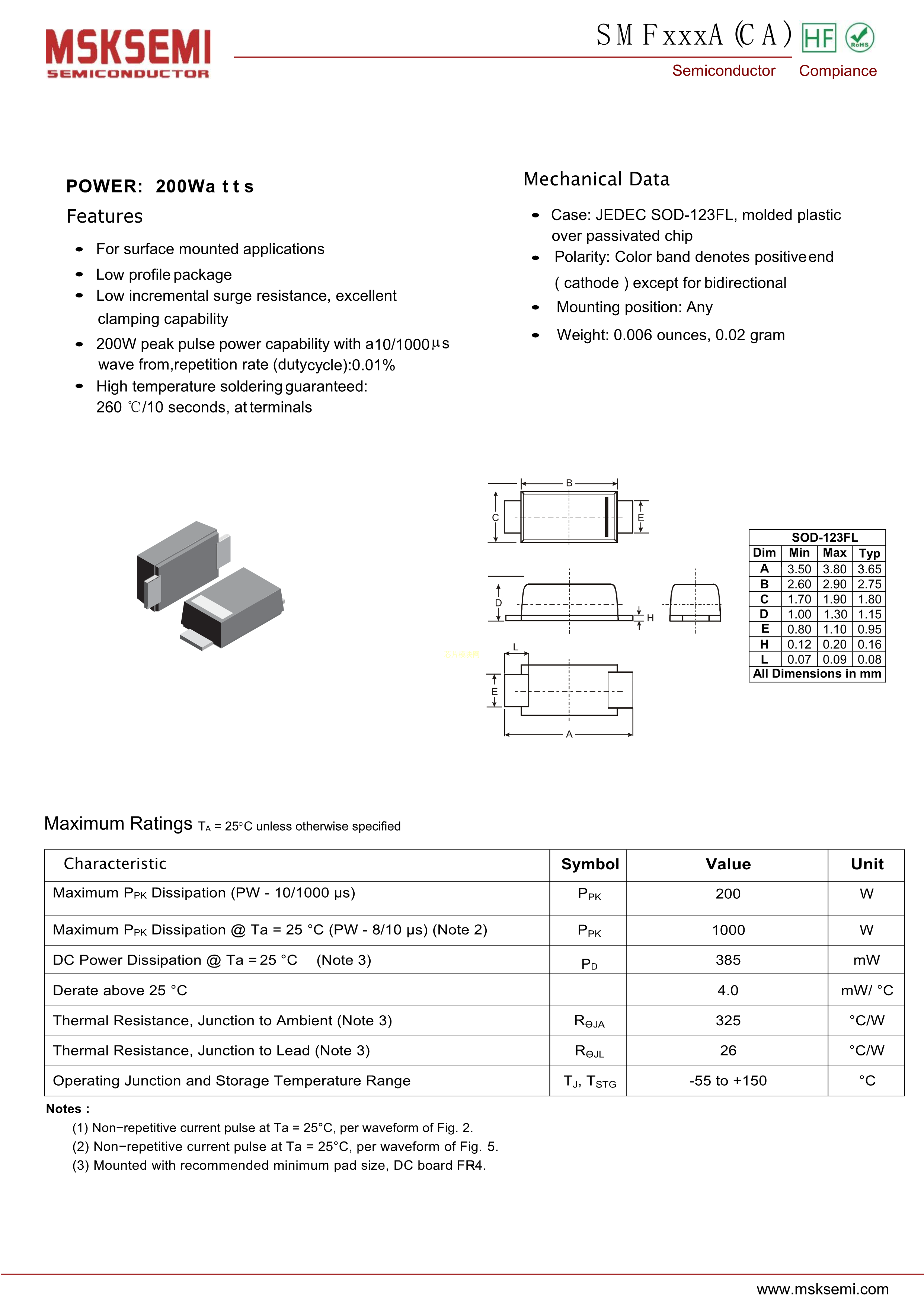 SMF24CA数据手册SOD-123FL封装MSKSEMI(美森科)PDF规格书，中英文下载 - 规格书 - 芯片模块网 - 让芯片更简单！