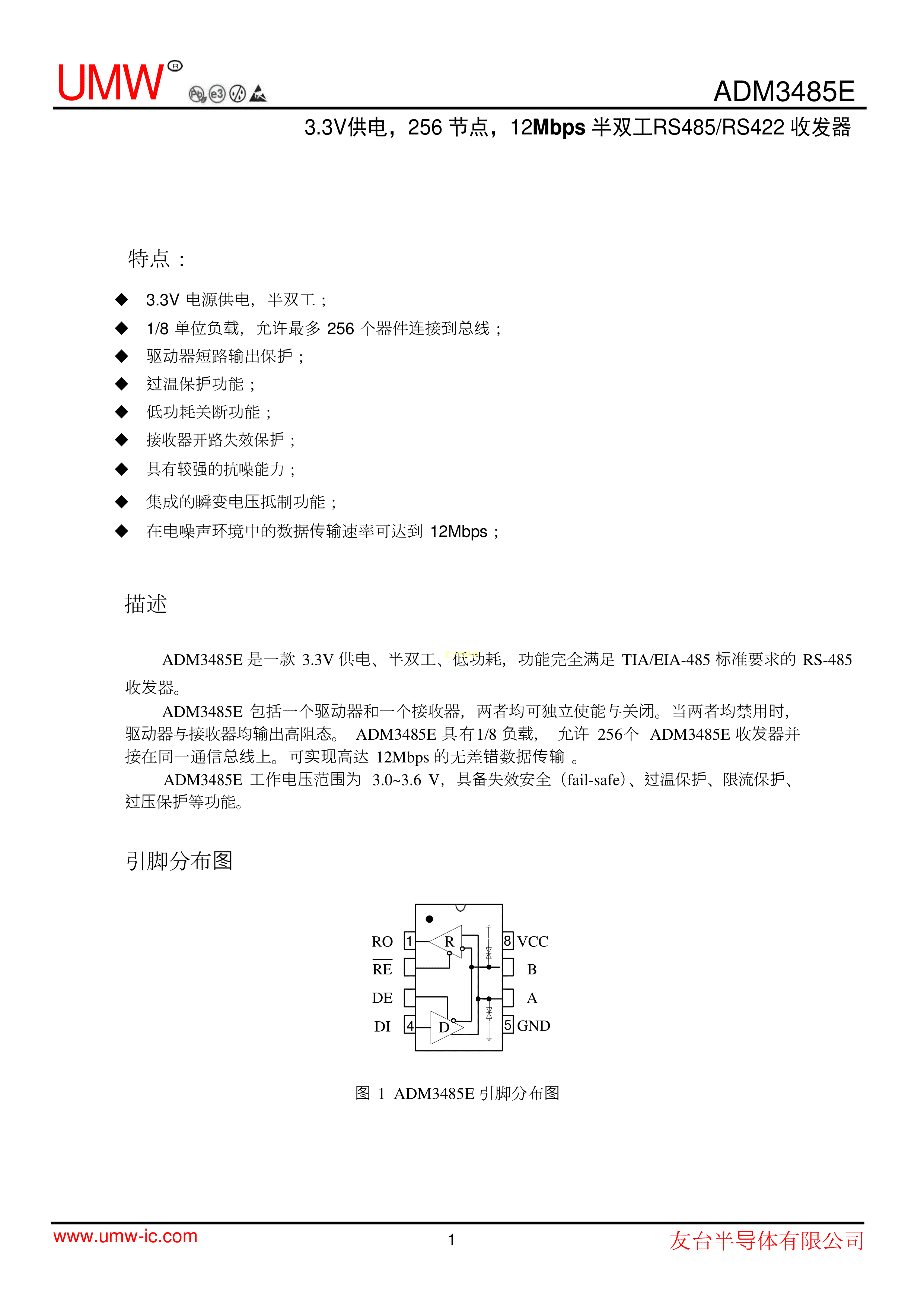 ADM3485EARZ数据手册SOP-8封装UMW(友台半导体)PDF规格书，中英文下载 - 规格书 - 芯片模块网 - 让芯片更简单！
