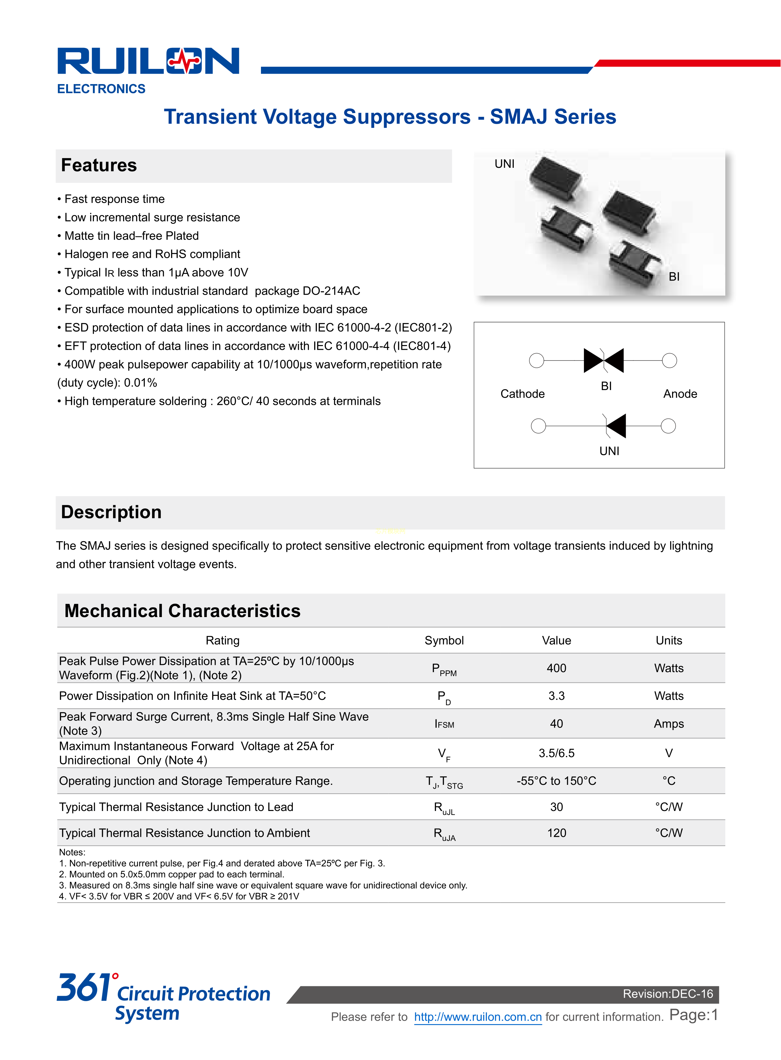 SMAJ40CA数据手册SMA(DO-214AC)封装RUILON(瑞隆源)PDF规格书，中英文下载 - 规格书 - 芯片模块网 - 让芯片更简单！