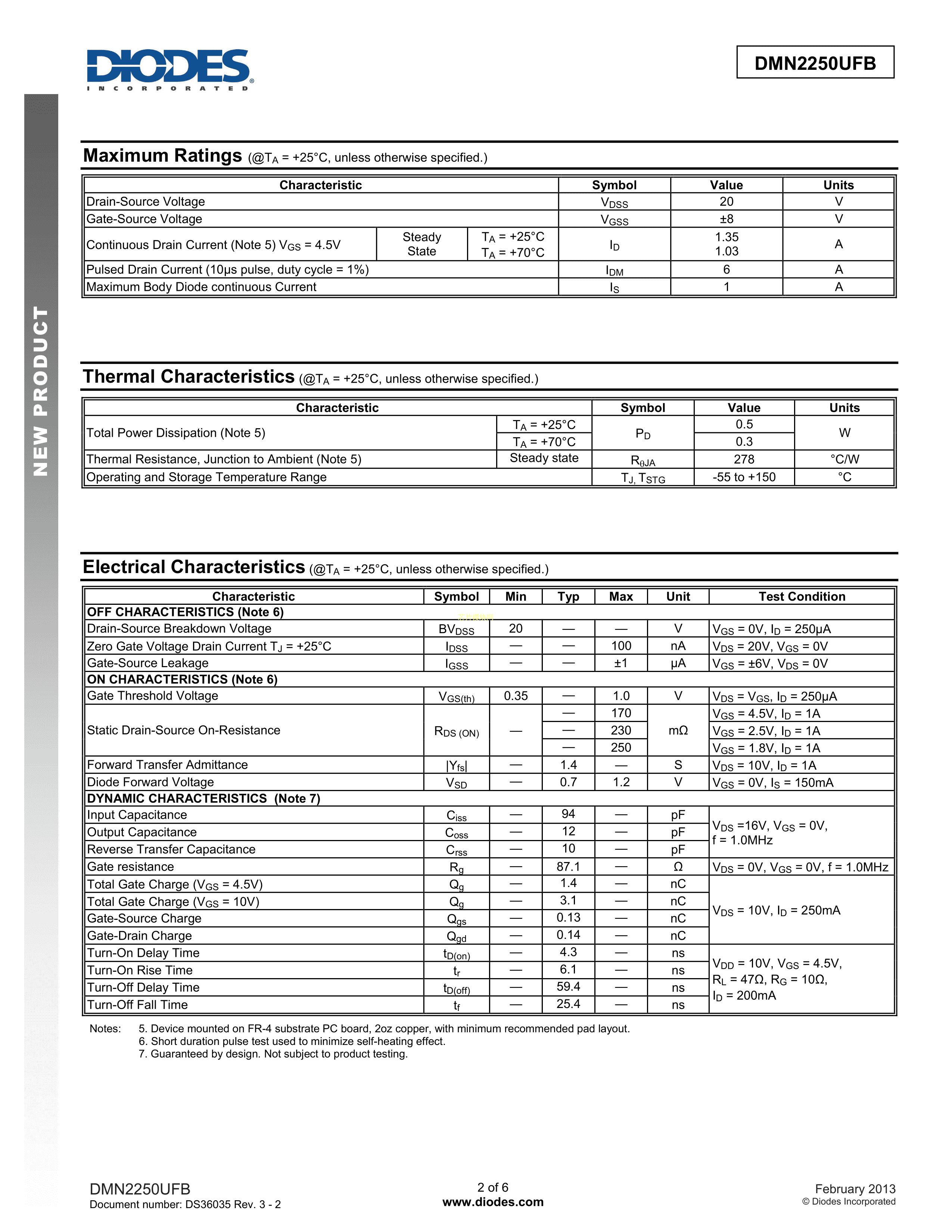 DMN2250UFB-7B数据手册X1-DFN1006-3封装DIODES(美台)PDF规格书，中英 - 规格书 - 芯片模块网 - 让芯片更简单！