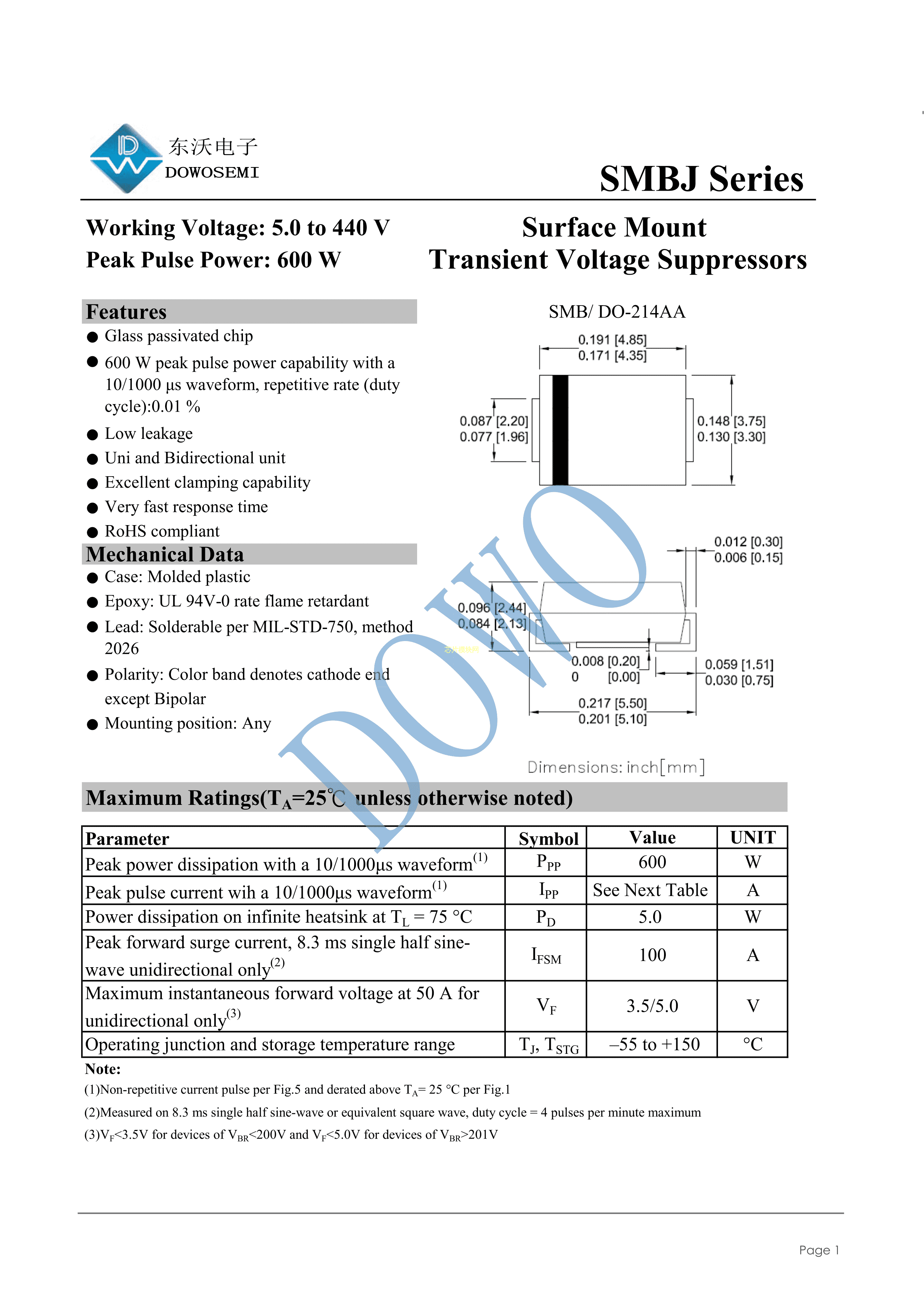 SMBJ36CA数据手册SMB(DO-214AA)封装DOWO(东沃)PDF规格书，中英文下载 - 规格书 - 芯片模块网 - 让芯片更简单！