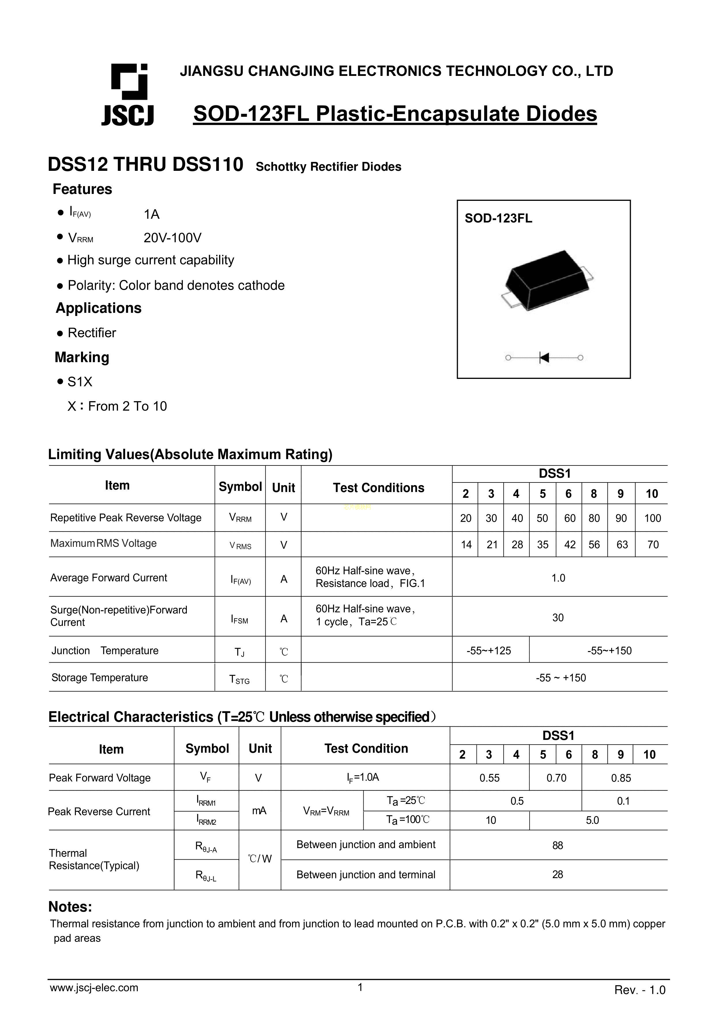 DSS110数据手册SOD-123FL封装CJ(江苏长电-长晶)PDF规格书，中英文下载 - 规格书 - 芯片模块网 - 让芯片更简单！
