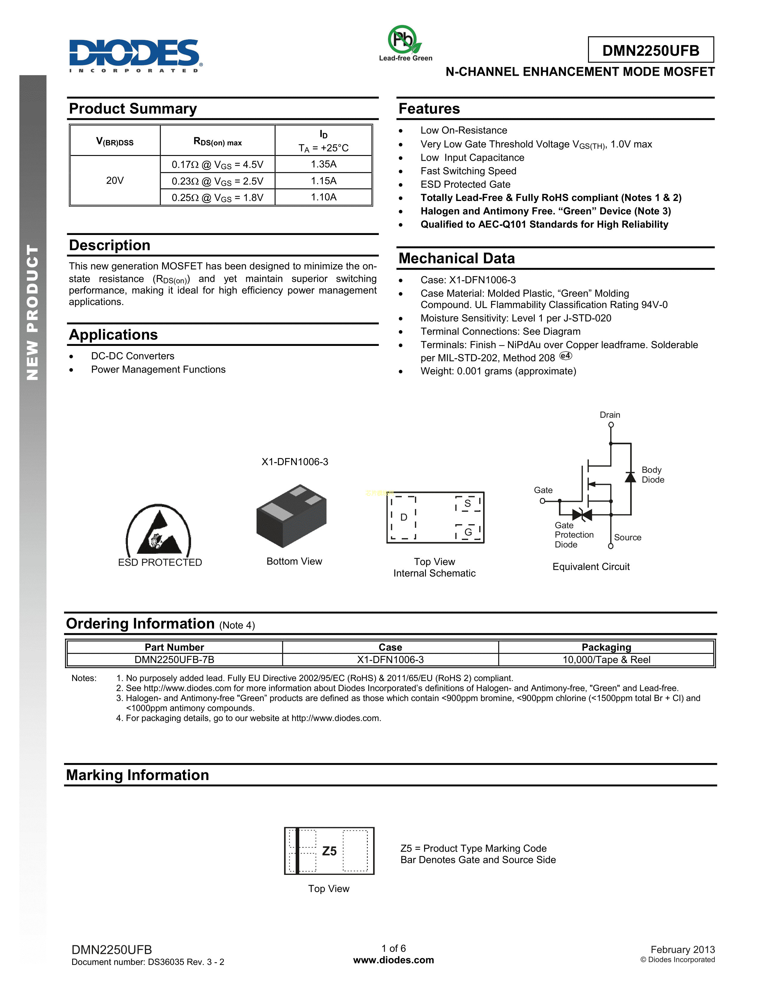 DMN2250UFB-7B数据手册X1-DFN1006-3封装DIODES(美台)PDF规格书，中英 - 规格书 - 芯片模块网 - 让芯片更简单！