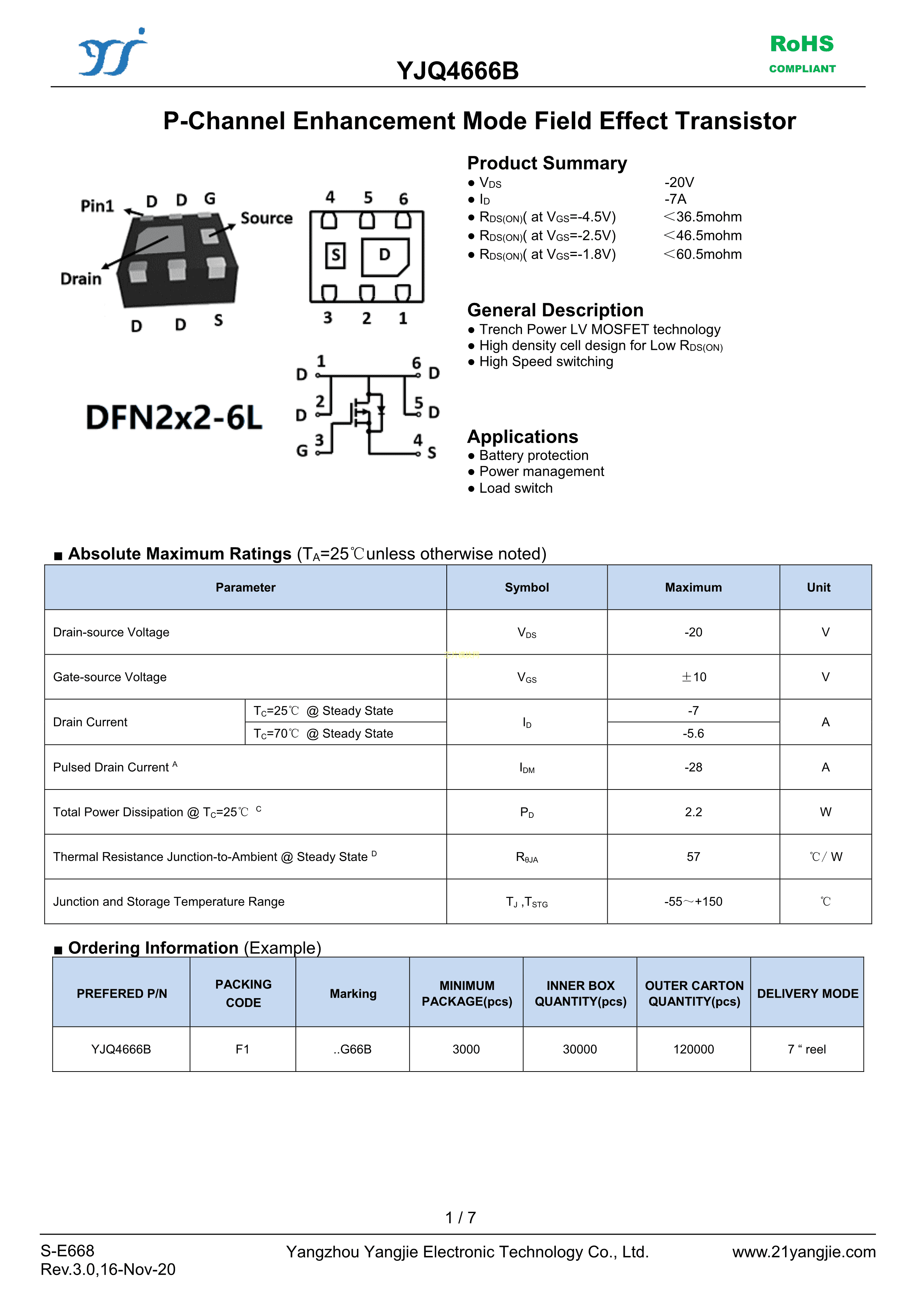 YJQ4666B数据手册DFN2x2-6L封装YANGJIE(扬杰)PDF规格书，中英文下载 - 规格书 - 芯片模块网 - 让芯片更简单！
