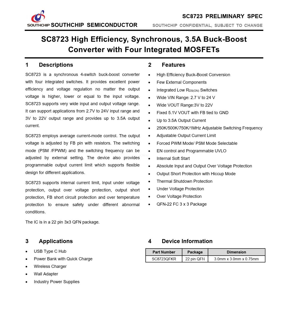SC8723，高效、同步、3.5A降压-升压 具有四个集成MOSFET的转换器芯片PDF规格书下载 - 规格书 - 芯片模块网 - 让芯片更简单！